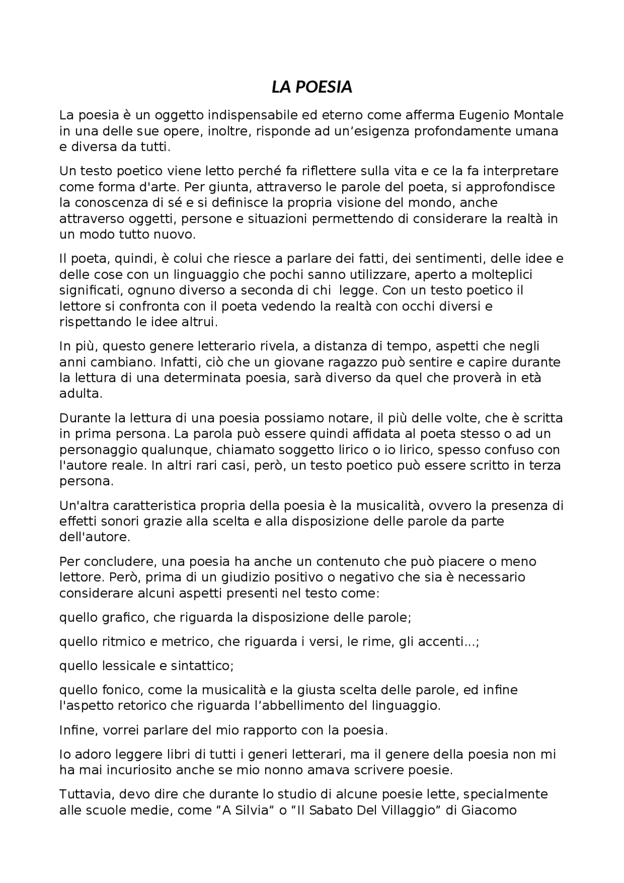 CHE COSA E' LA POESIA? Caratteristiche di un testo poetico. - Docsity