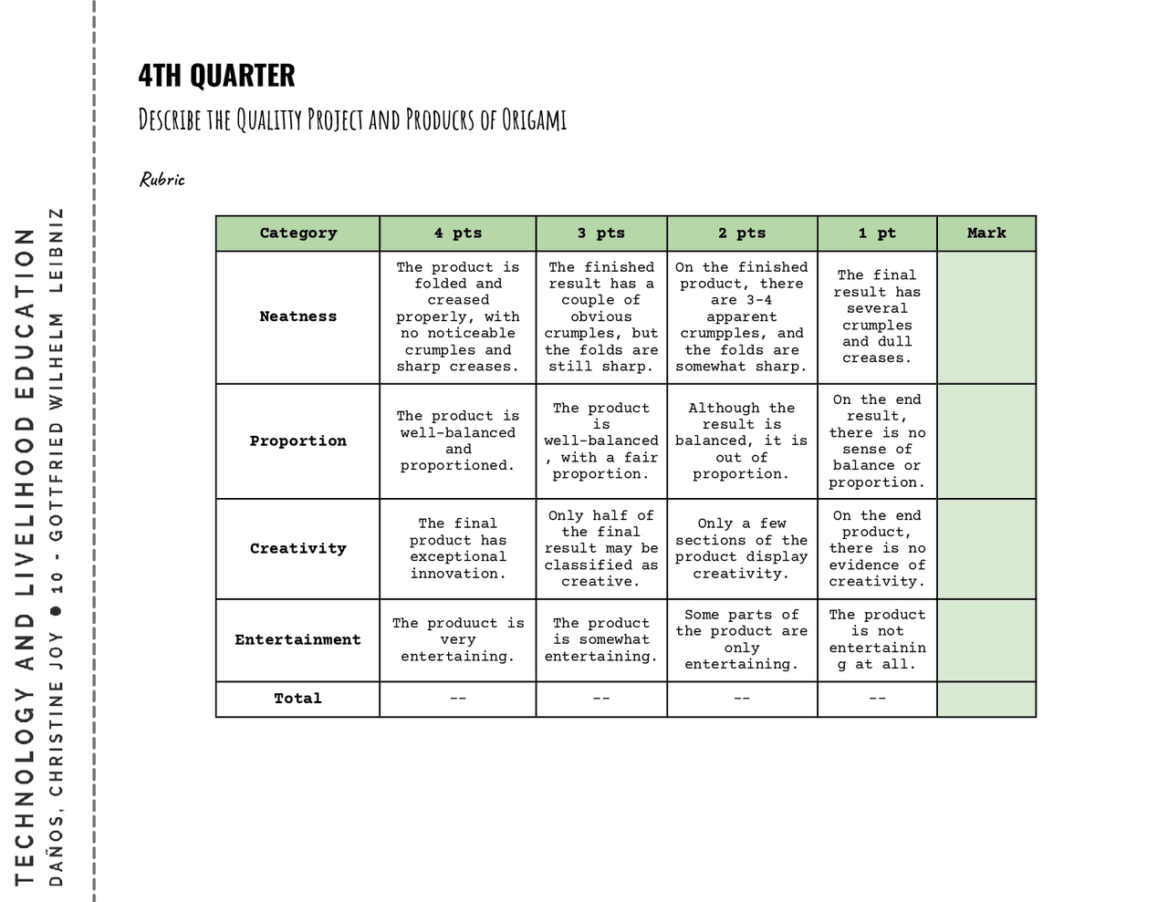 An example of rubric | Study notes English | Docsity