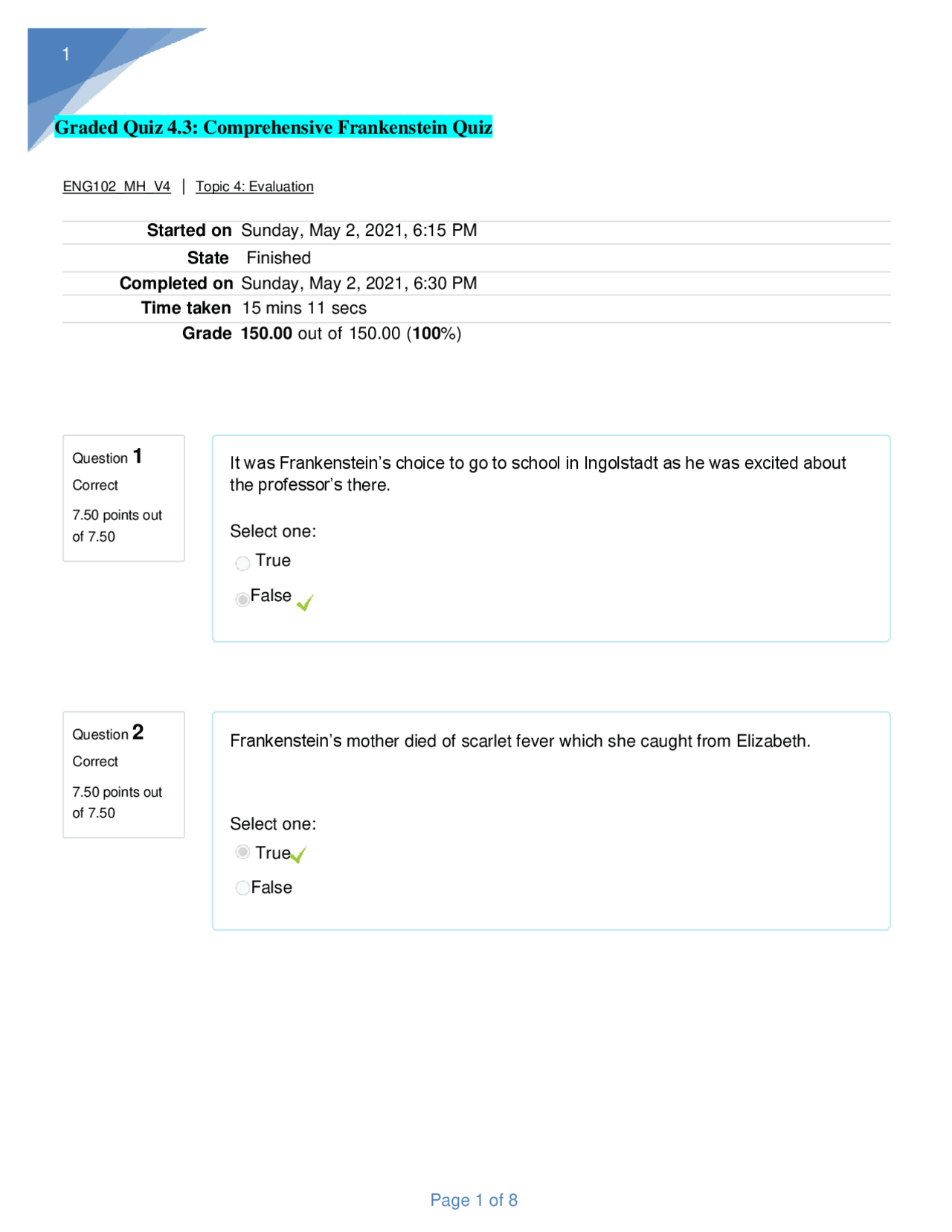 Graded_Quiz_4.3__Comprehensive_Frankenstein_Quiz. | Exams Nursing - Docsity