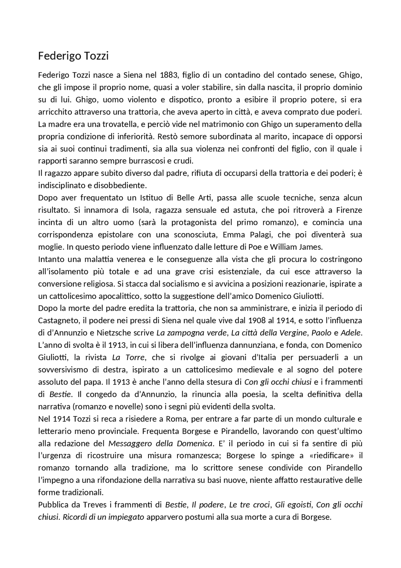 Federigo Tozzi - vita, opere, pensiero | Appunti di Letteratura | Docsity