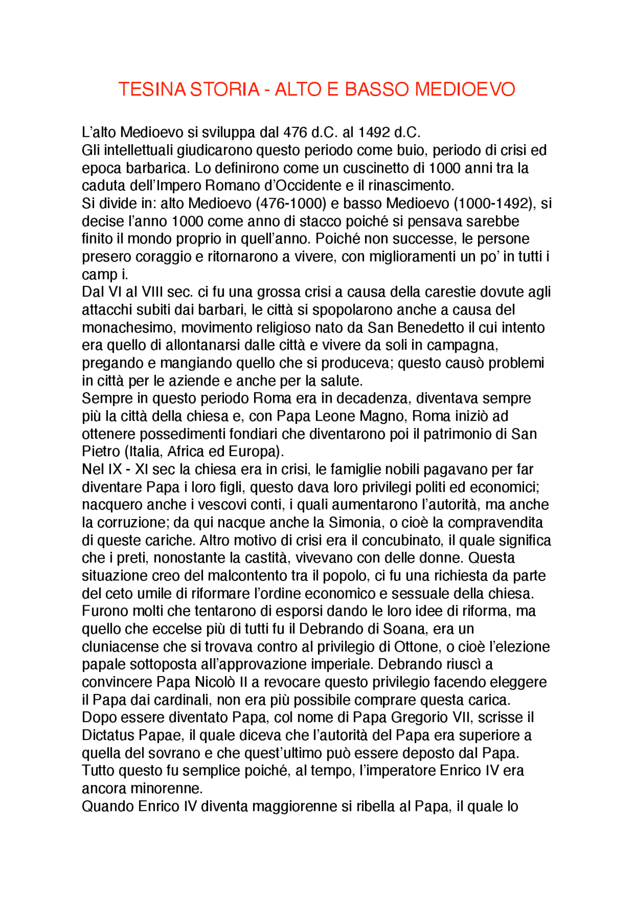Alto E Basso Medioevo Appunti Di Storia Docsity