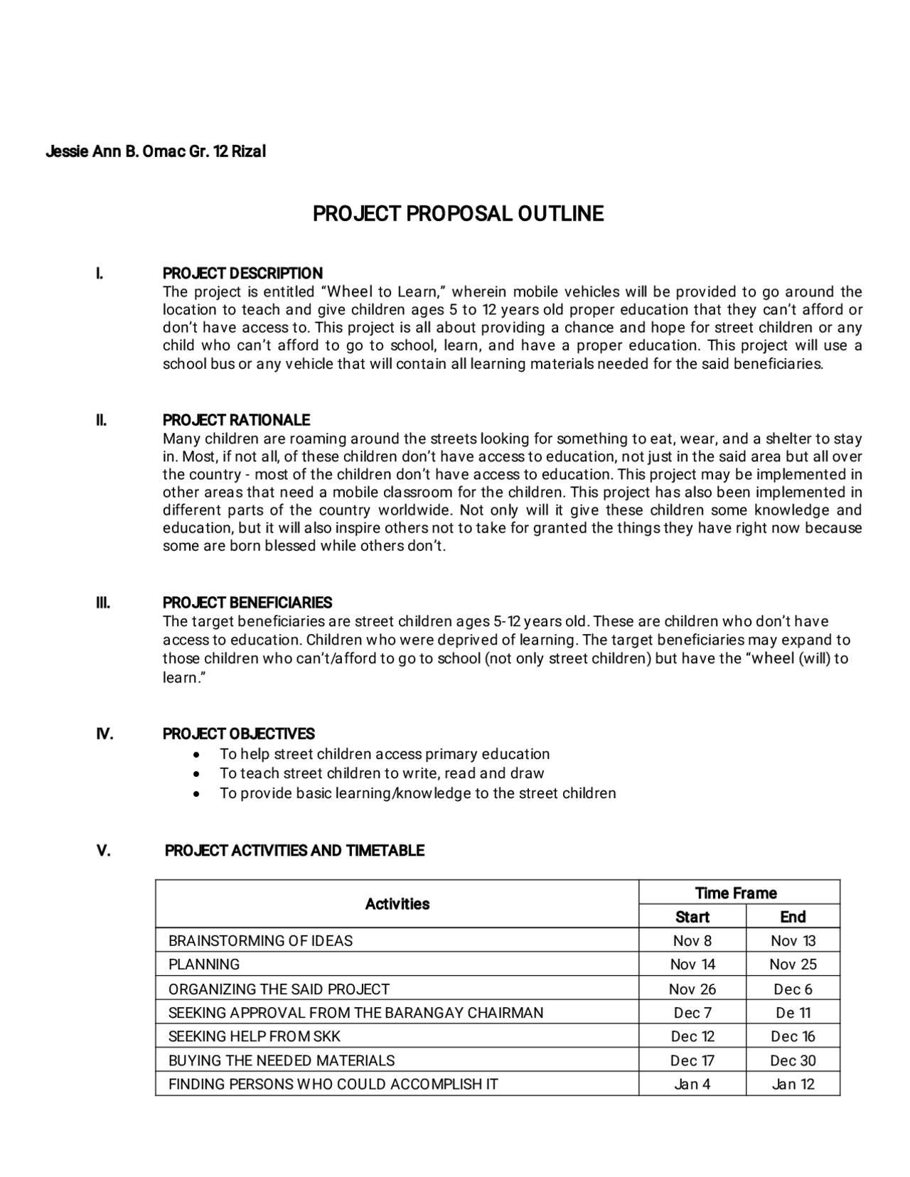 PROJECT PROPOSAL- Wheel to Learn | High school final essays English ...