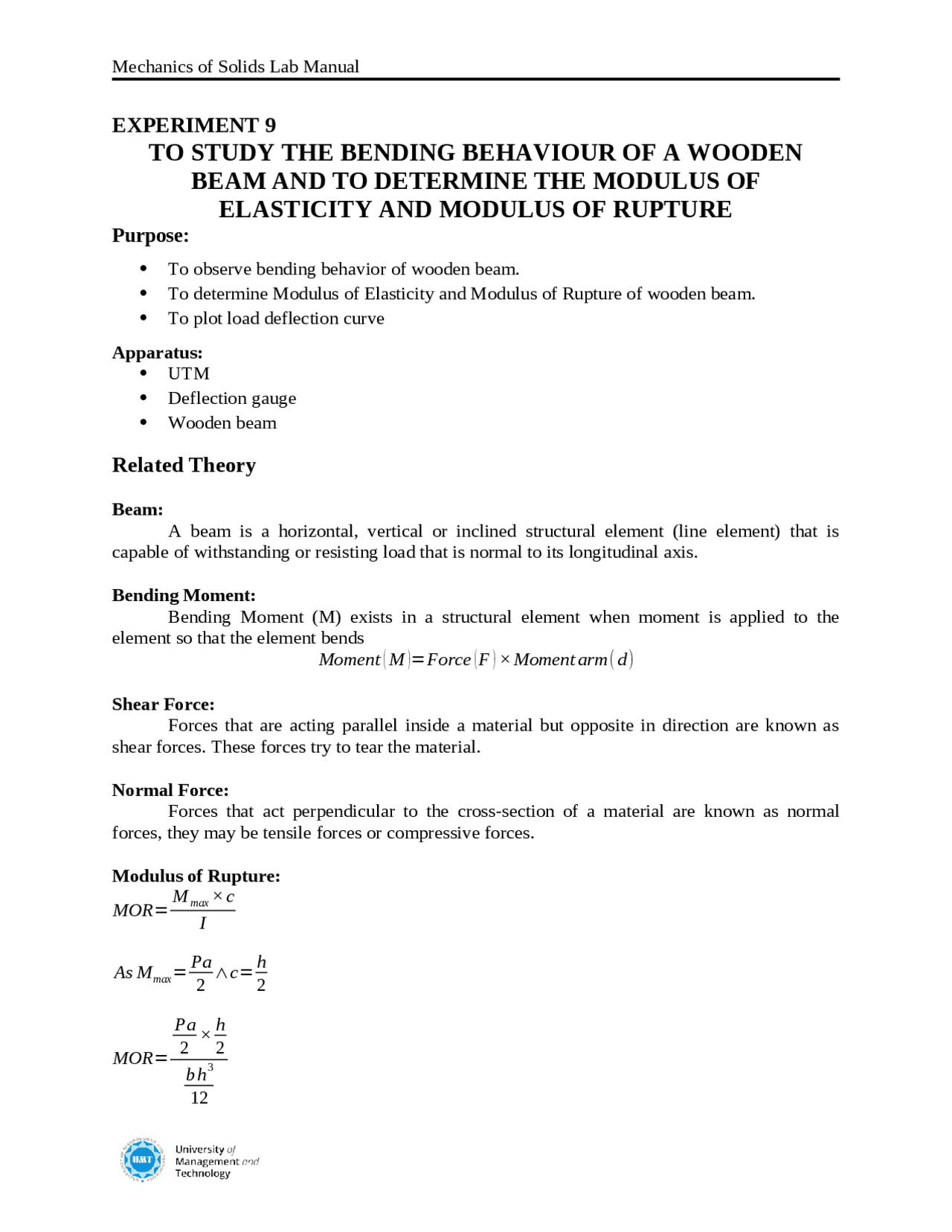 Lab Manual: Exp. 9 - Elasticity & Rupture Modulus of Wooden Beam | Monografías, Ensayos Mecánica ...