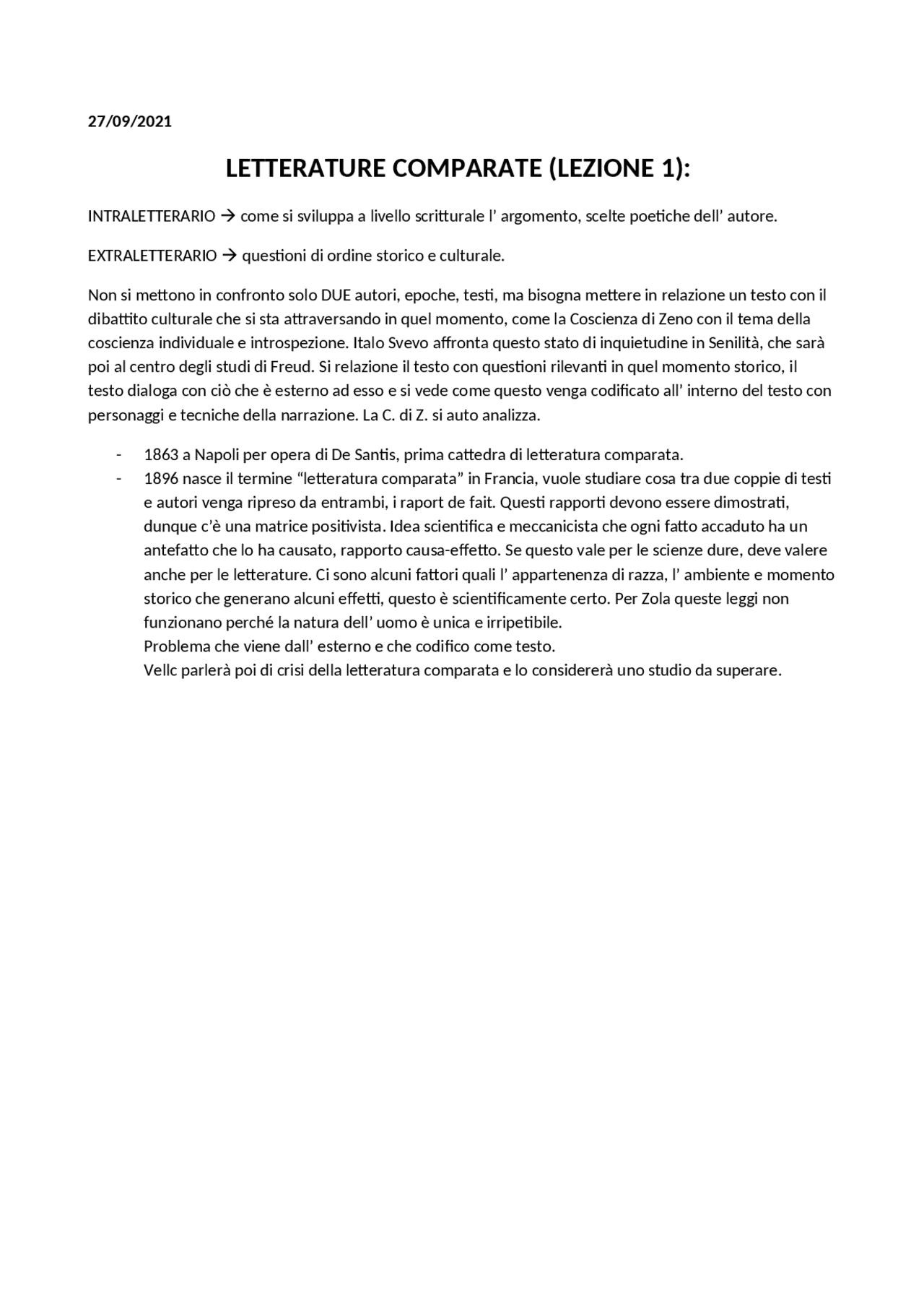 Appunti letterature comparate - Docsity