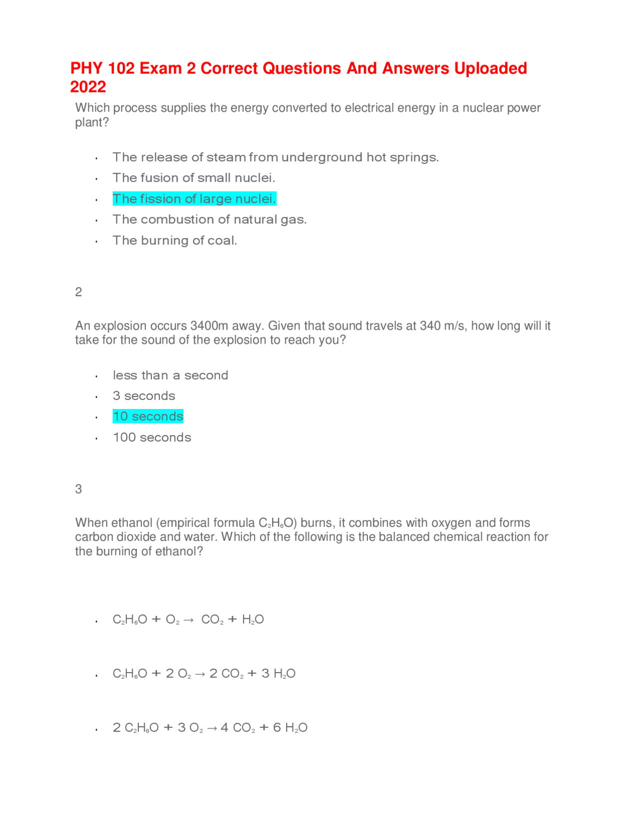 PHY 102 Exam 2 Correct Questions And Answers 2022 | Exams Nursing | Docsity