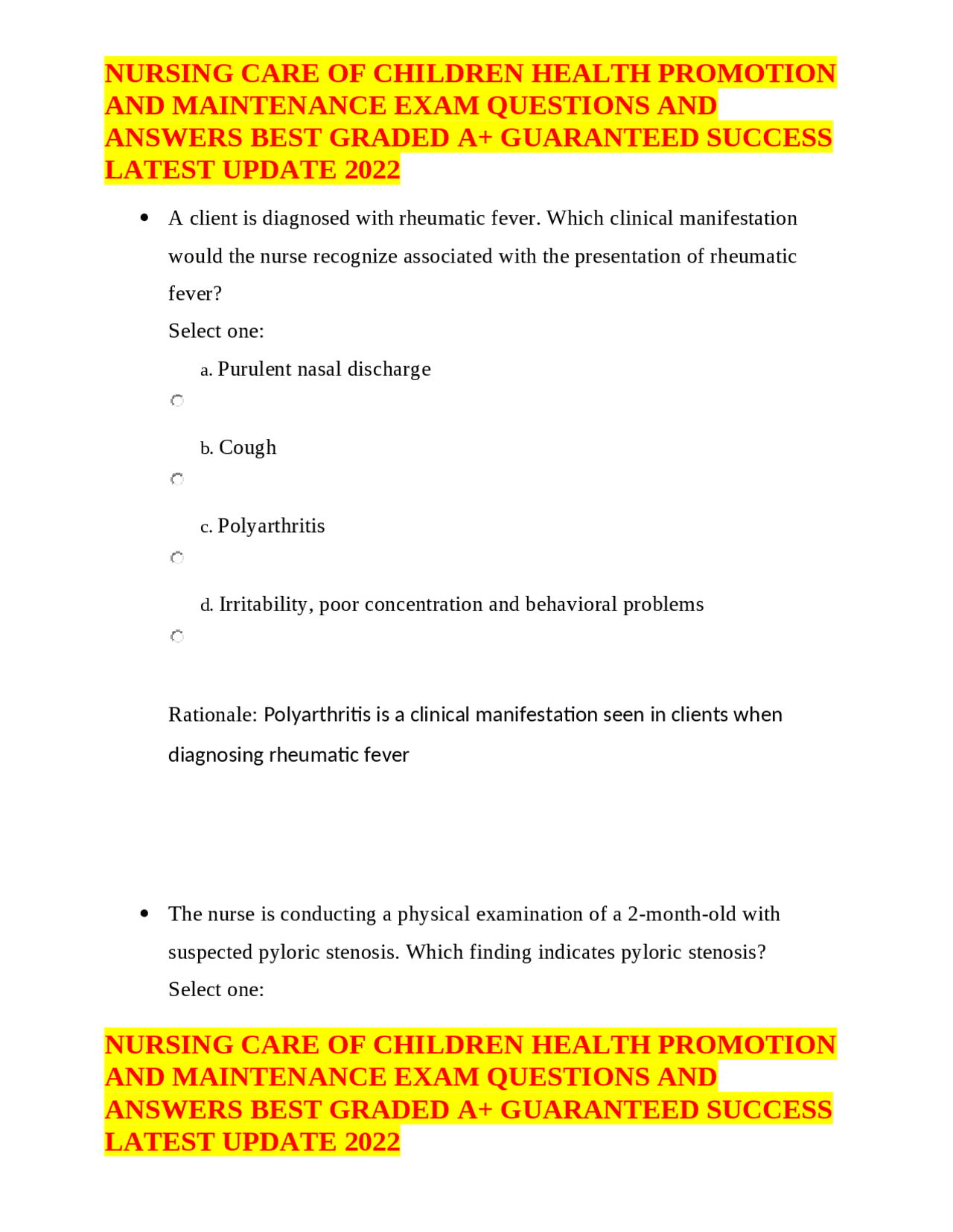 NURSING CARE OF CHILDREN HEALTH PROMOTION AND MAINTENANCE EXAM ...