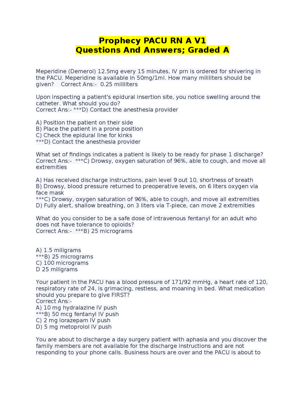 Prophecy PACU RN A V1 | Exams Health sciences | Docsity
