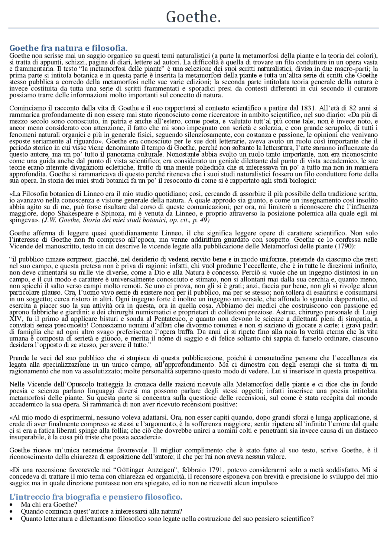 Goethe, la metamorfosi delle piante. - Docsity