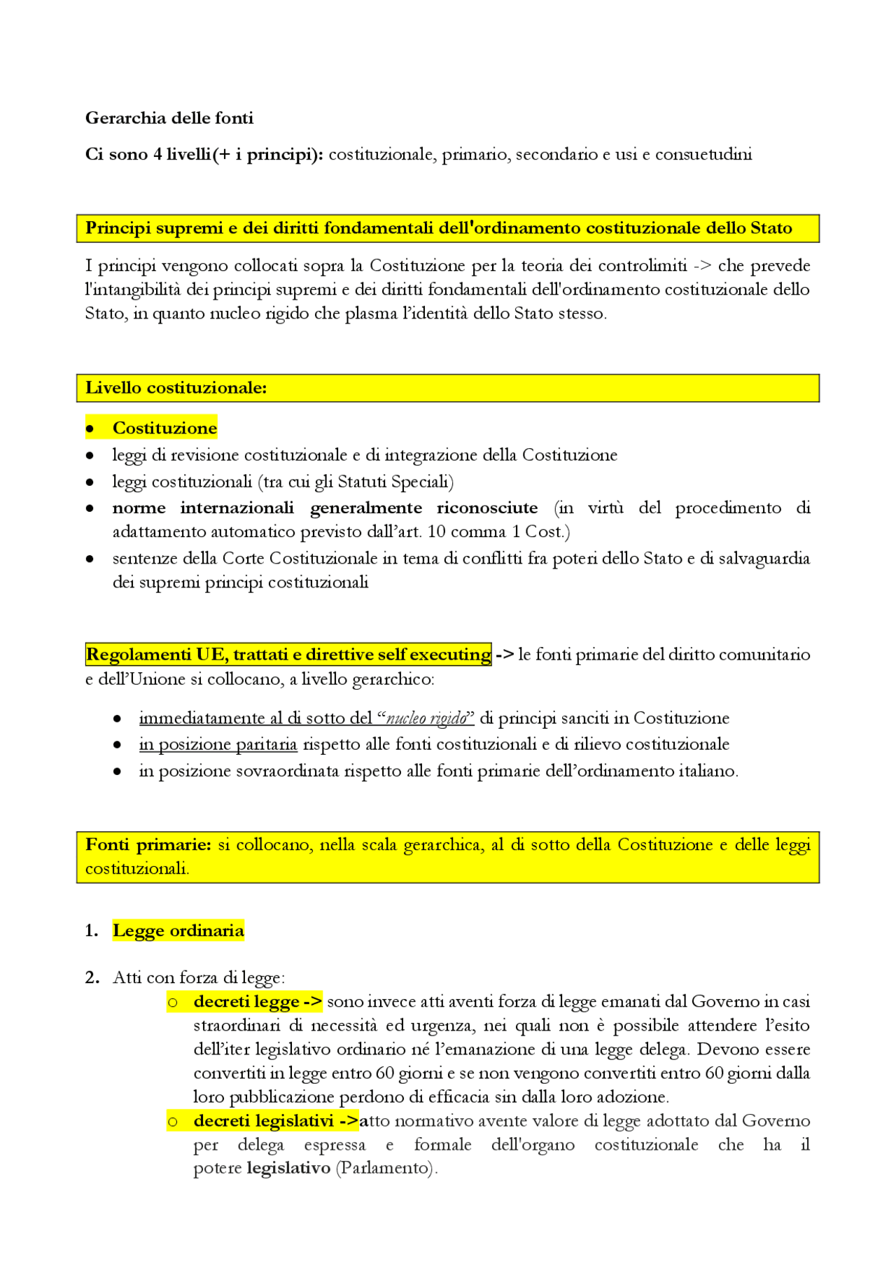 Schema Sintetico Sulla Gerarchia Delle Fonti Docsity