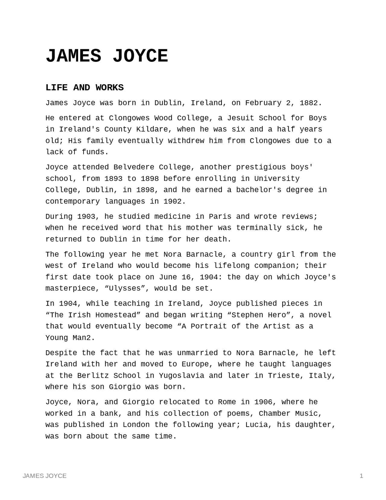 JAMES JOYCE: life and works - Docsity