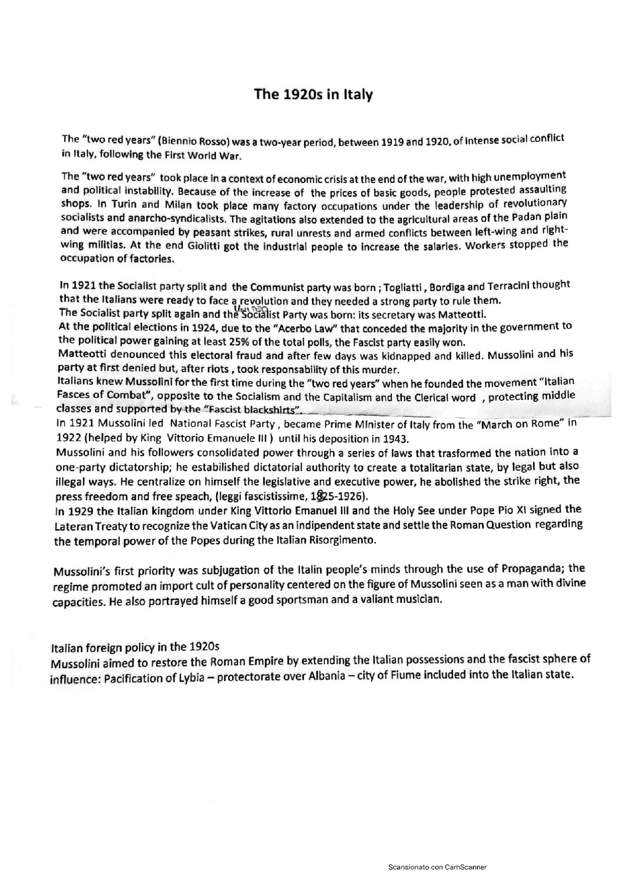 Gli anni venti in Italia; The 1920s in Italy - Docsity