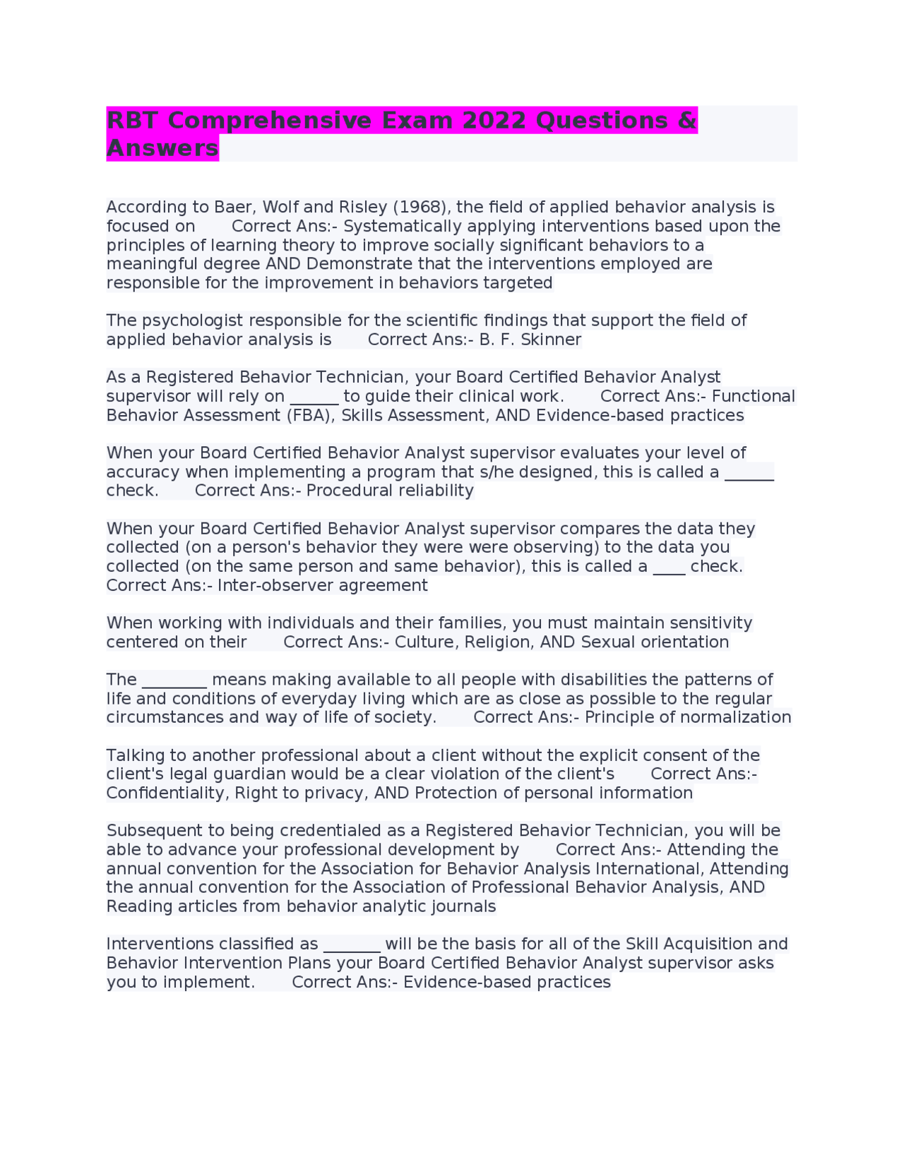 RBT Comprehensive Exam - Docsity