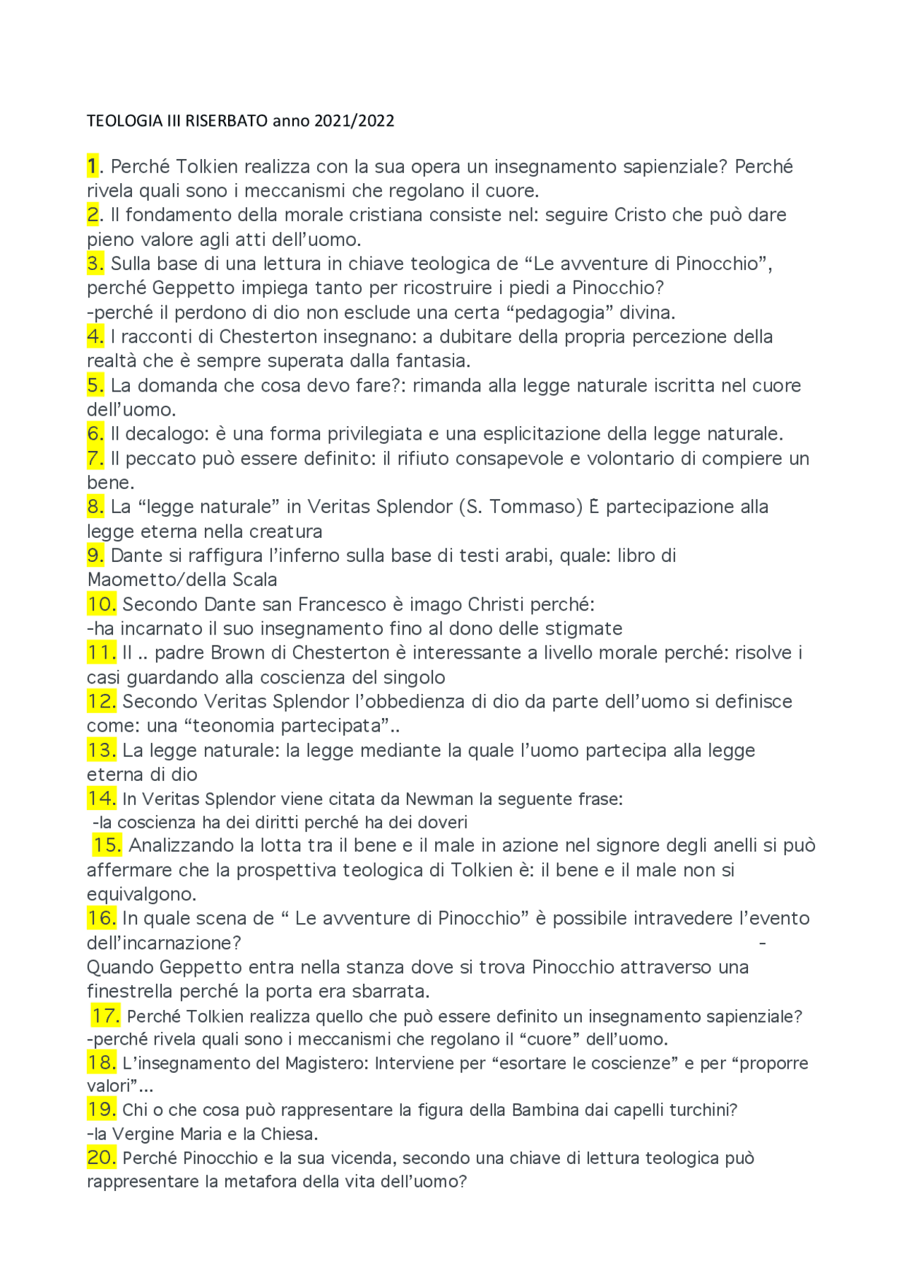 Domande Esame Teologia III Riserbato | Prove d'esame di Teologia | Docsity