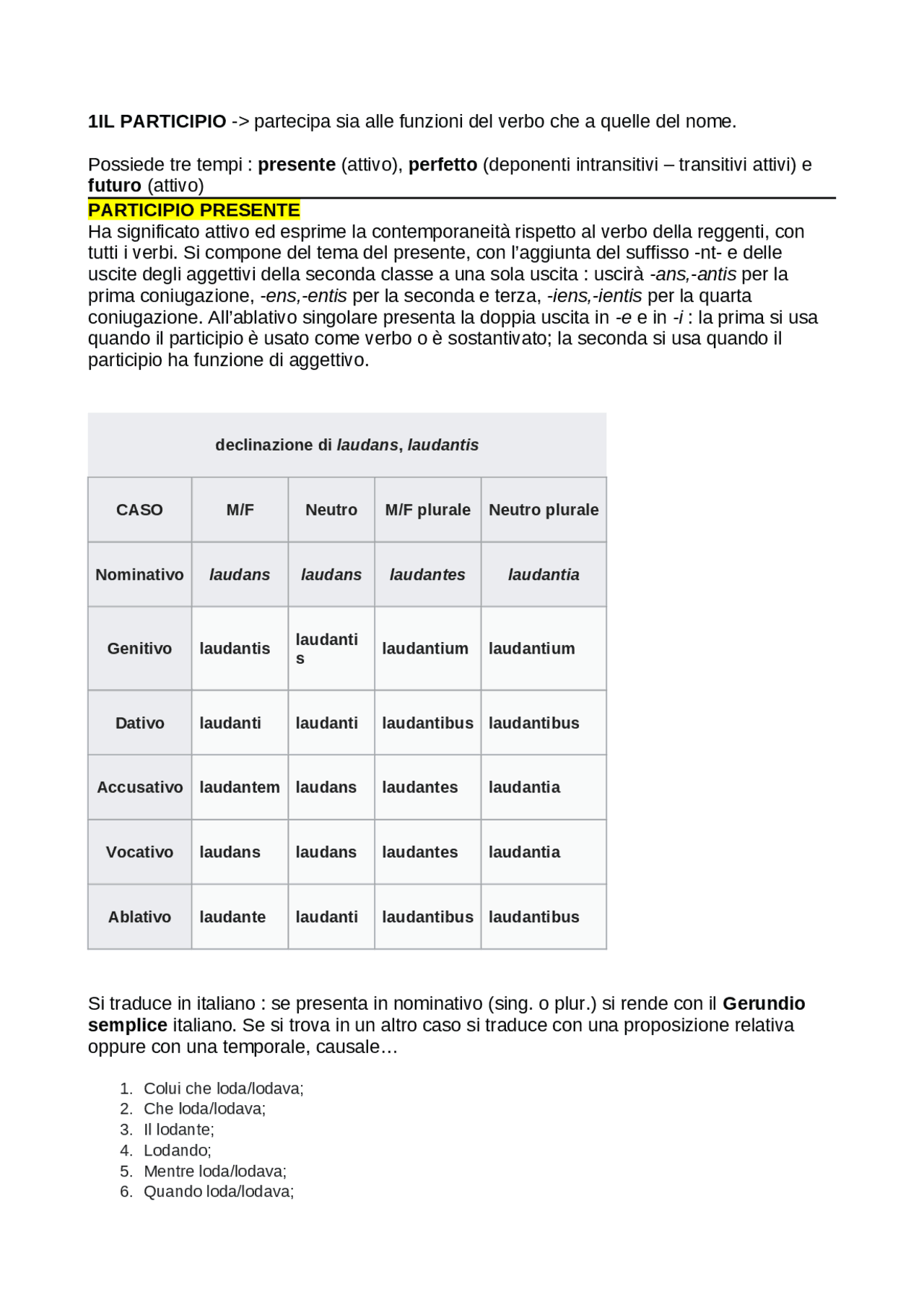 Participio - lingua latina - Docsity