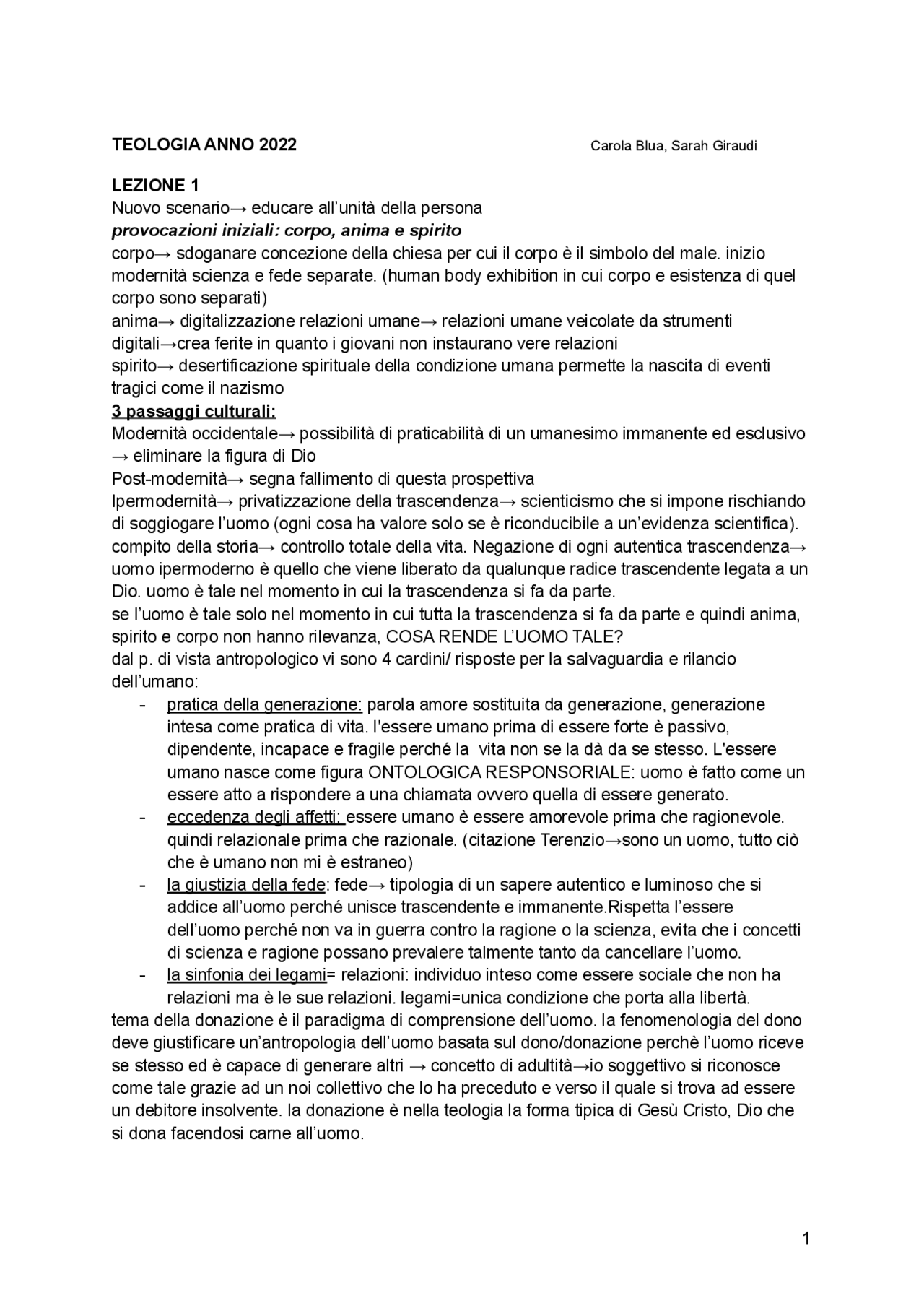 Esame teologia primo anno corso di psicologia - Docsity