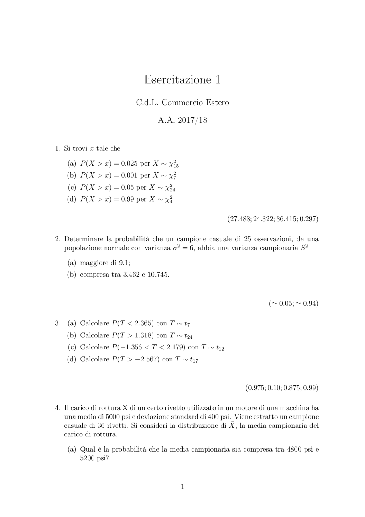 Statistica esercitazione | Esercizi di Statistica | Docsity