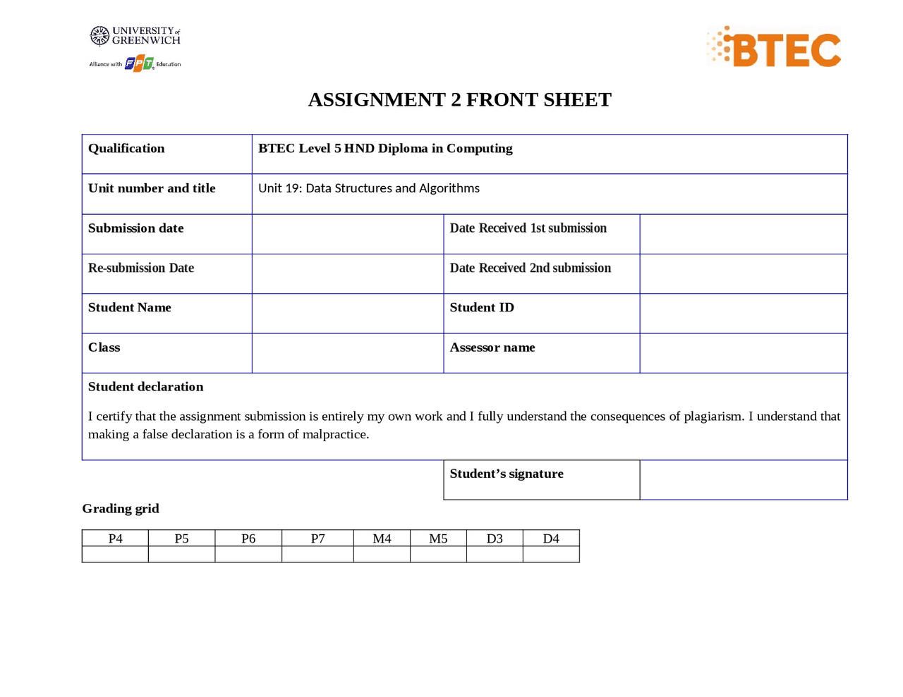 BTEC Level 5 HND Diploma in Computing - Unit 19 Assignment: Data Structures and Algorithms ...