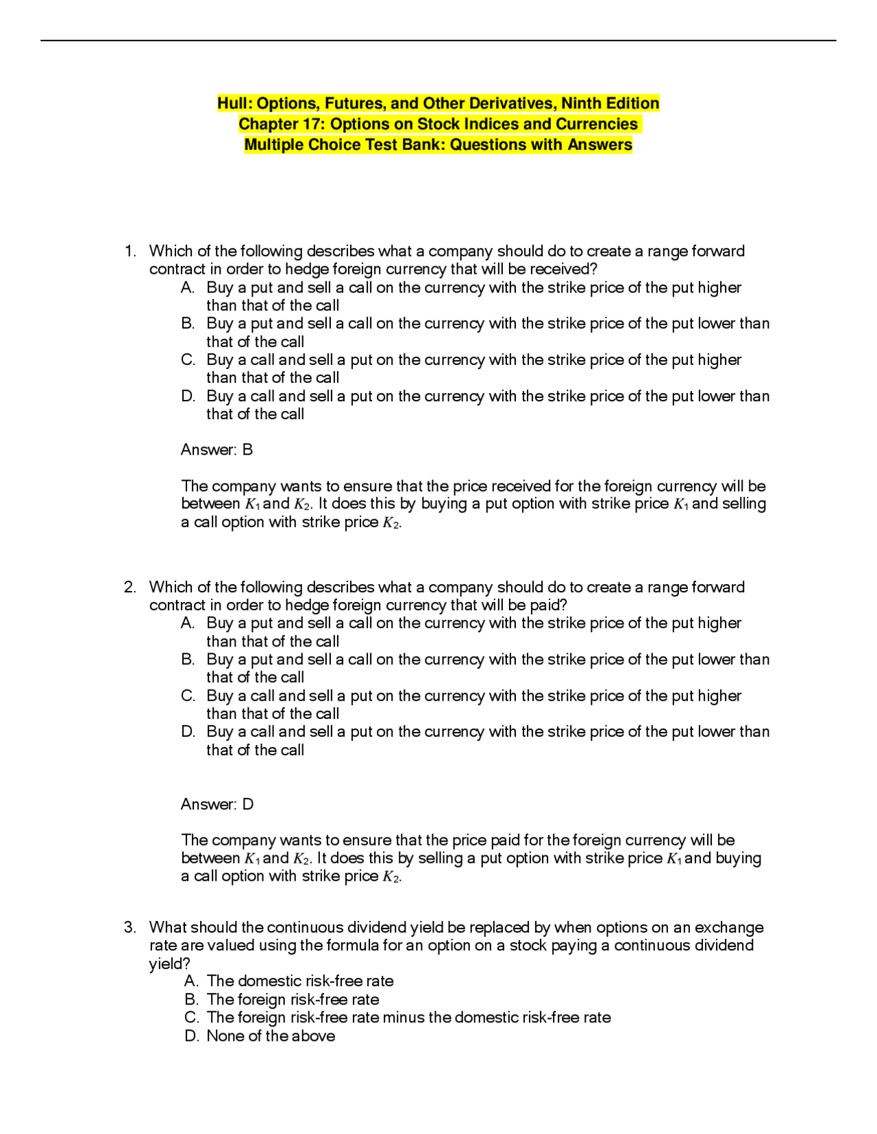 Options on Stock Indices and Currencies Multiple Choice Test Bank ...