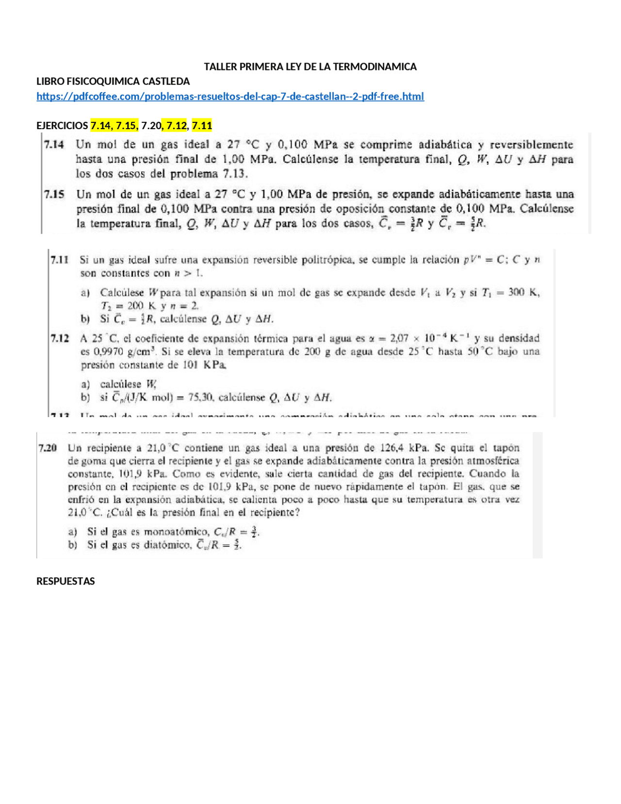 Taller de ejercicios de fisica y fisicoquimica | Monografías, Ensayos de Física | Docsity