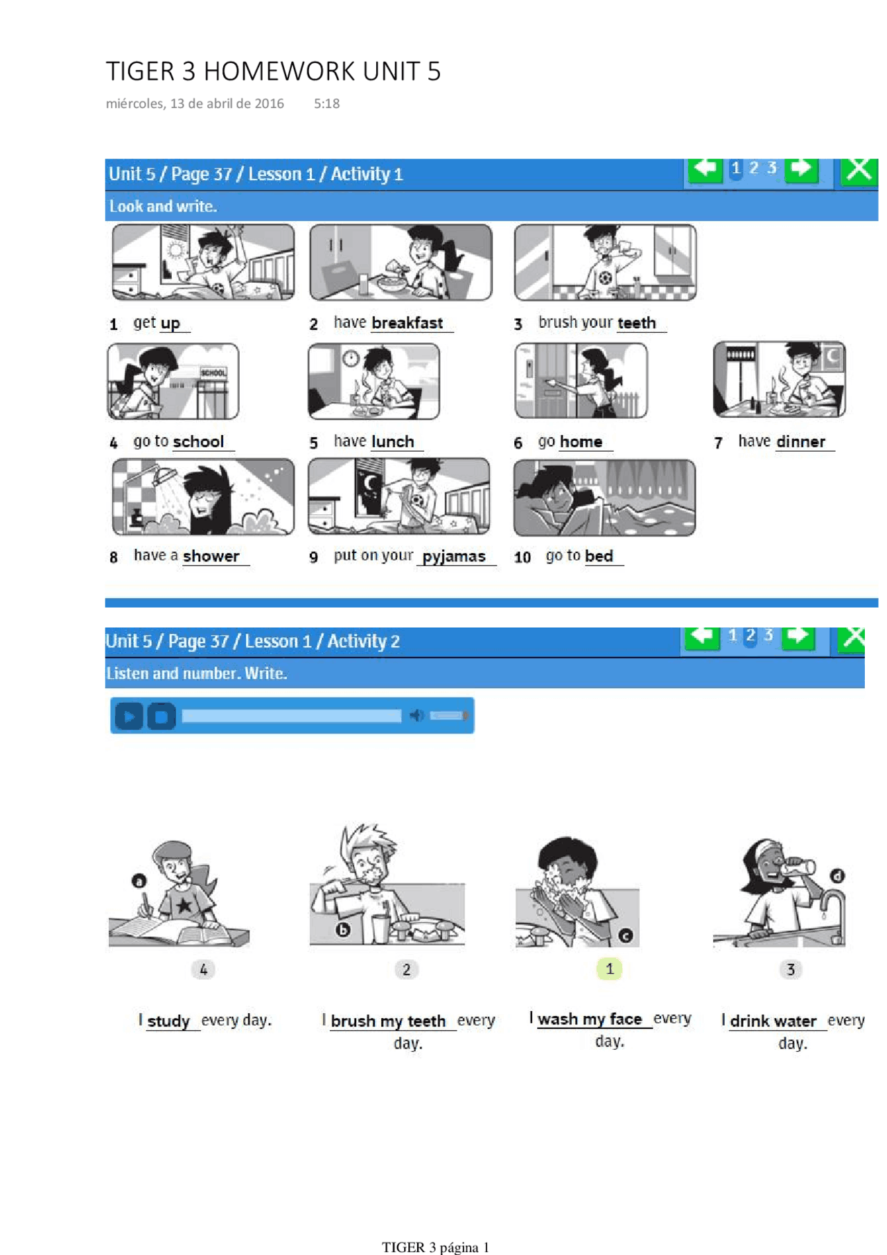 tiger 3 activity book | Exercises of English | Docsity