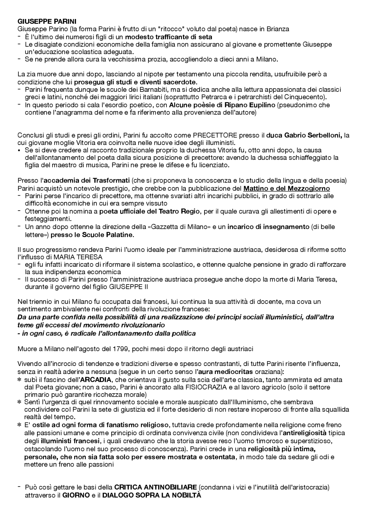 Parini e Foscolo: Poeti e Intellettuali del Settecento Italiano | Summaries Italian | Docsity