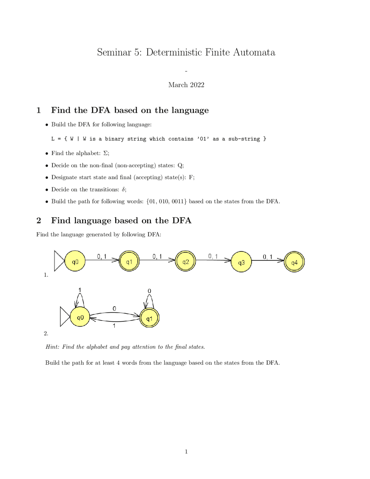 Deterministic Finite Automata Seminar: Building and Identifying Languages | Exercises Theory of ...