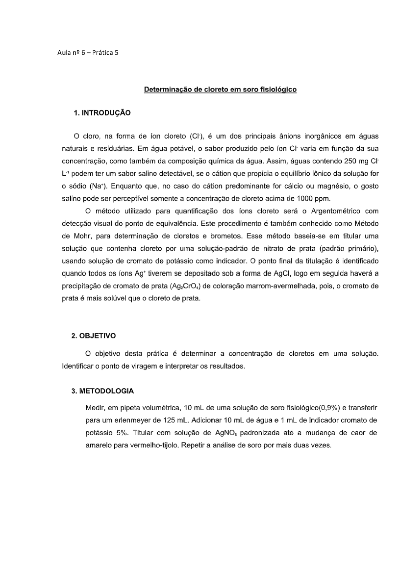 Experimento Determinação Do Cloreto Em Soro Fisiológico Summaries
