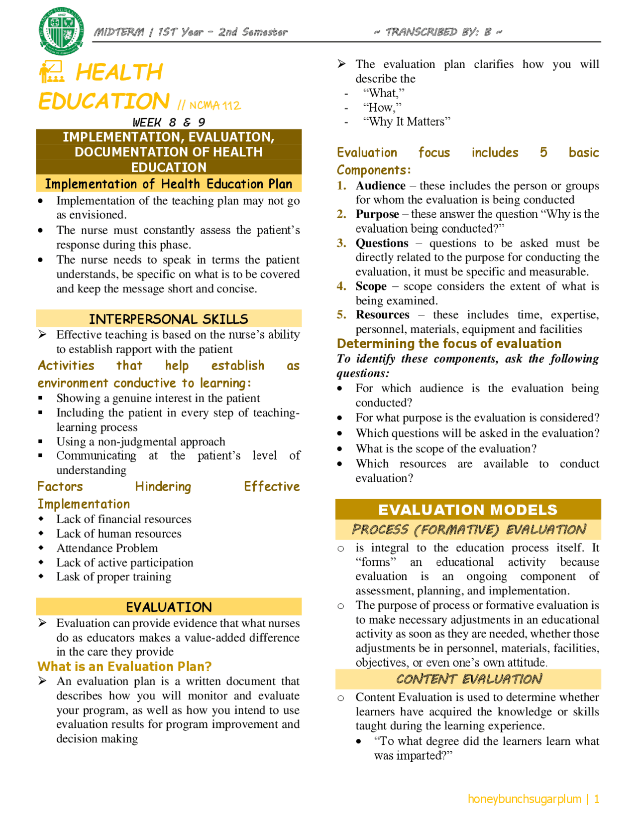 Health Education - Nursing Notes | Lecture notes Biochemistry | Docsity