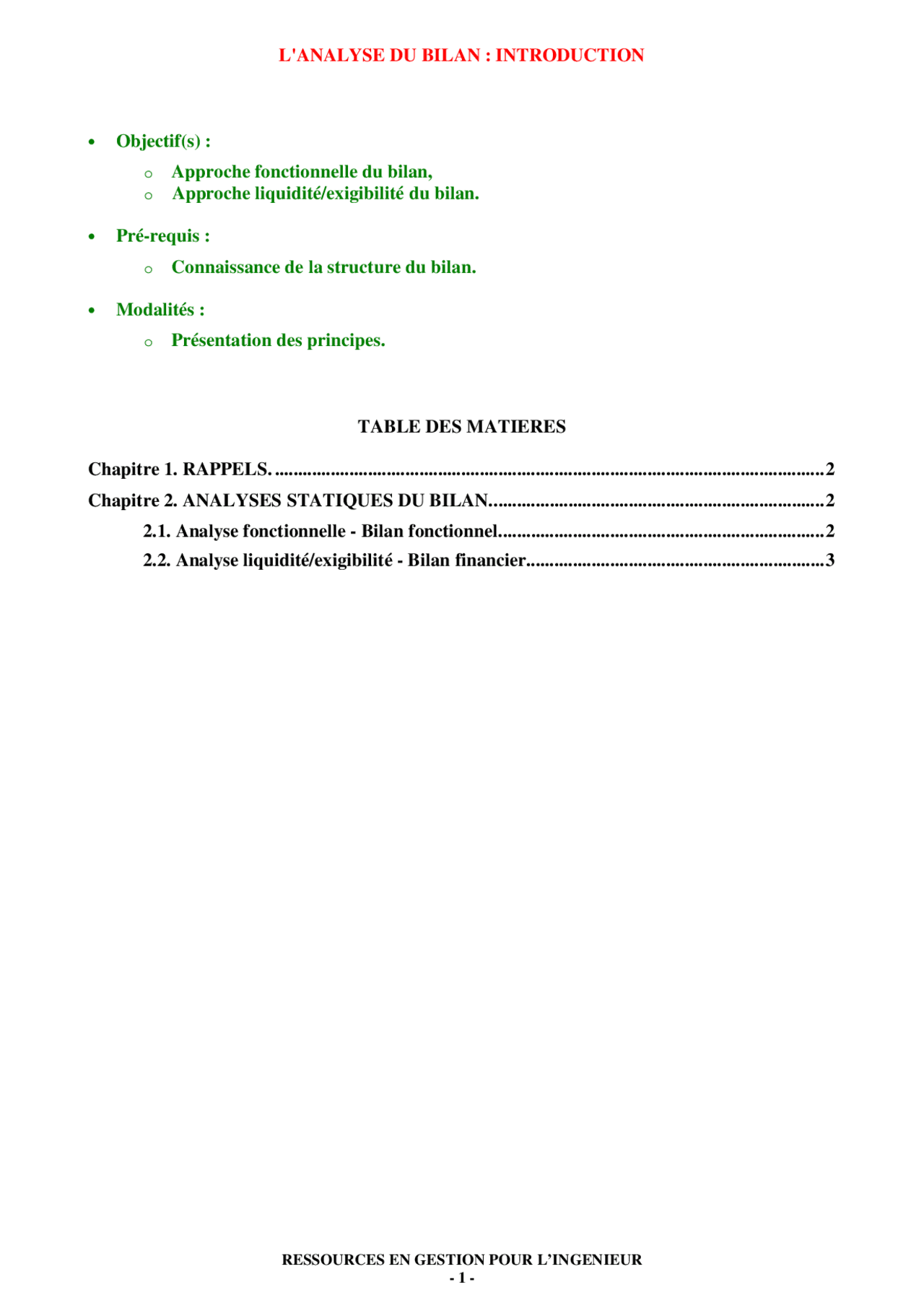 Lanalyse Du Bilan Introduction Objectifs Lectures Analyse