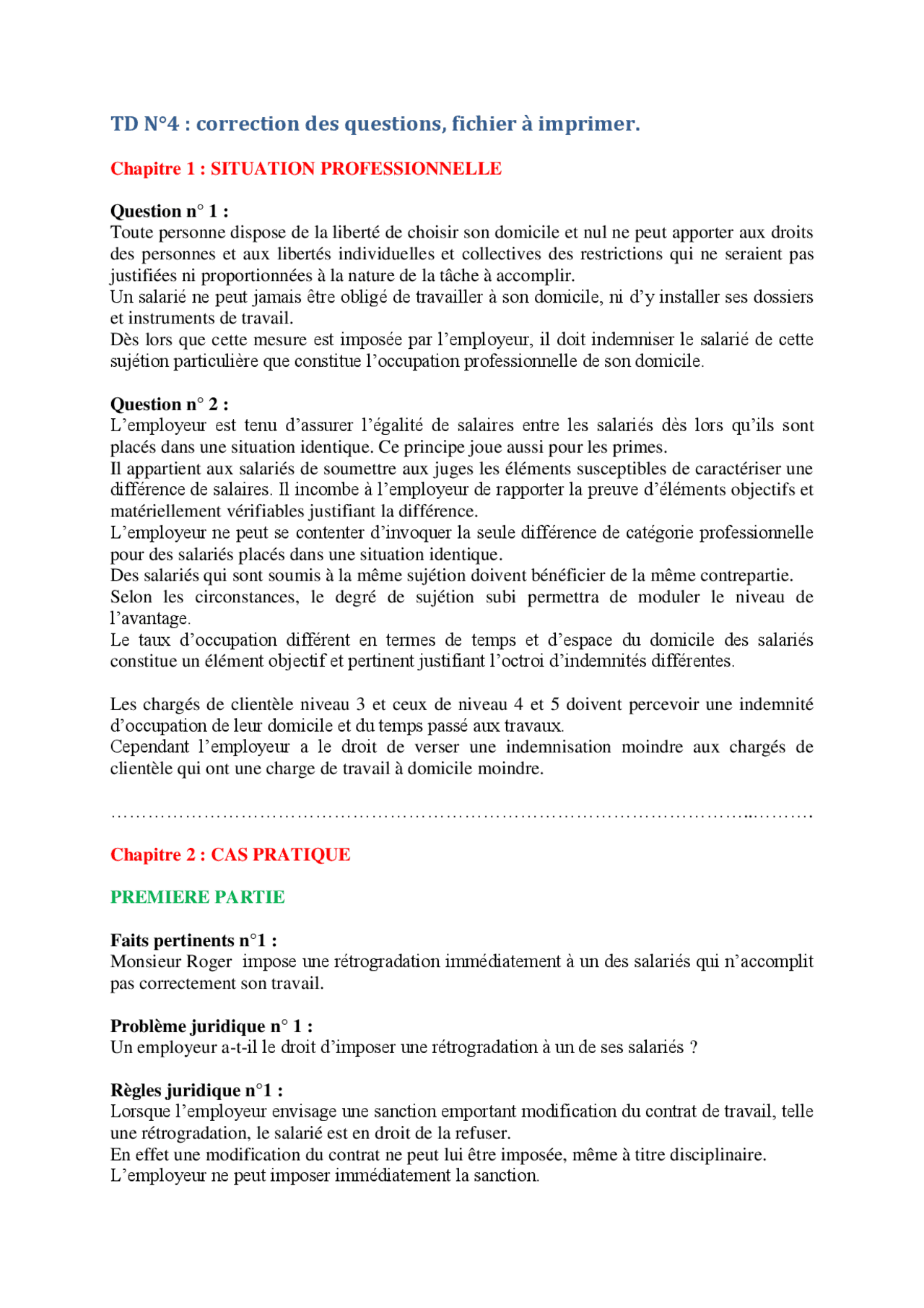 TD N°4 : correction des questions, fichier à imprimer. | Résumés Droit | Docsity