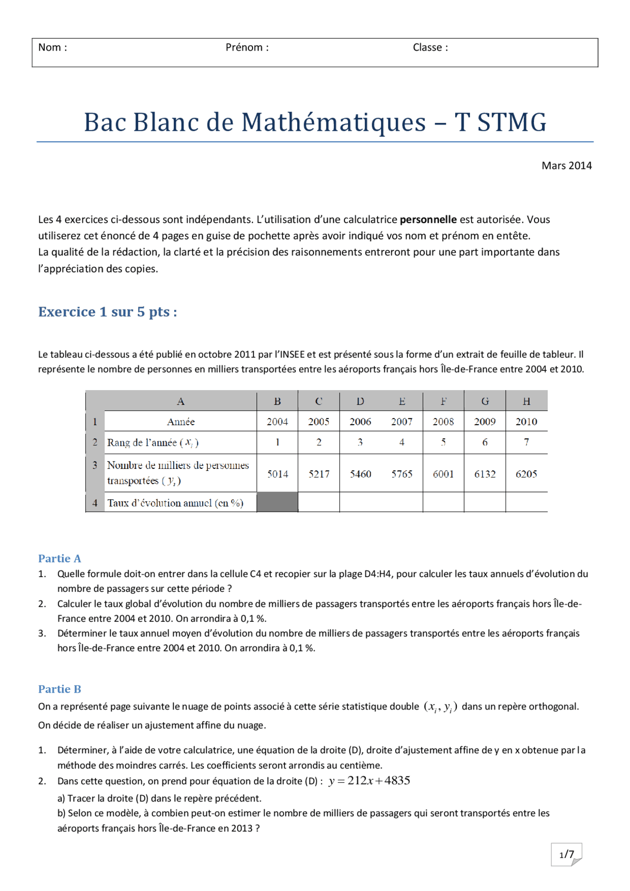 Bac Blanc de Mathématiques – T STMG - Docsity
