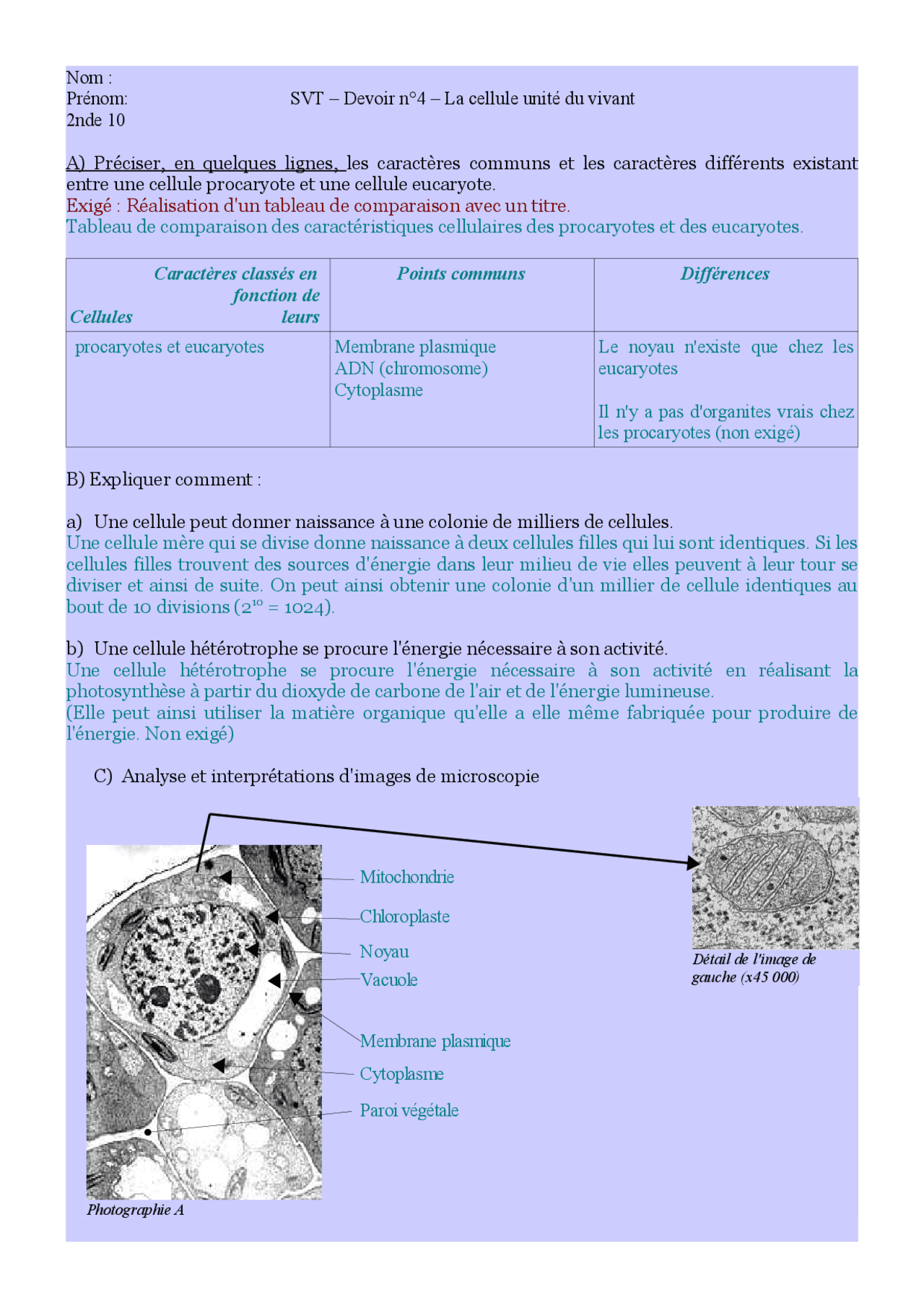 SVT – Devoir n°4 – La cellule unité du vivant 2nde 10 ... | Slides ...