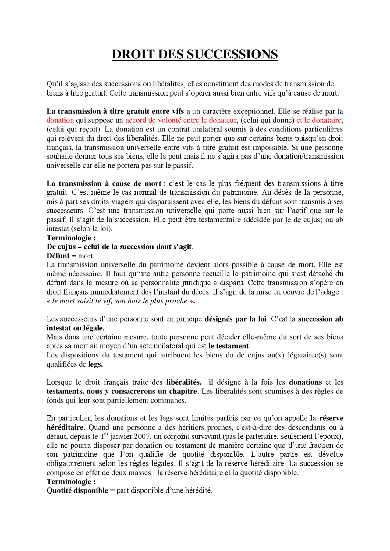 DROIT DES SUCCESSIONS | Slides Droit | Docsity