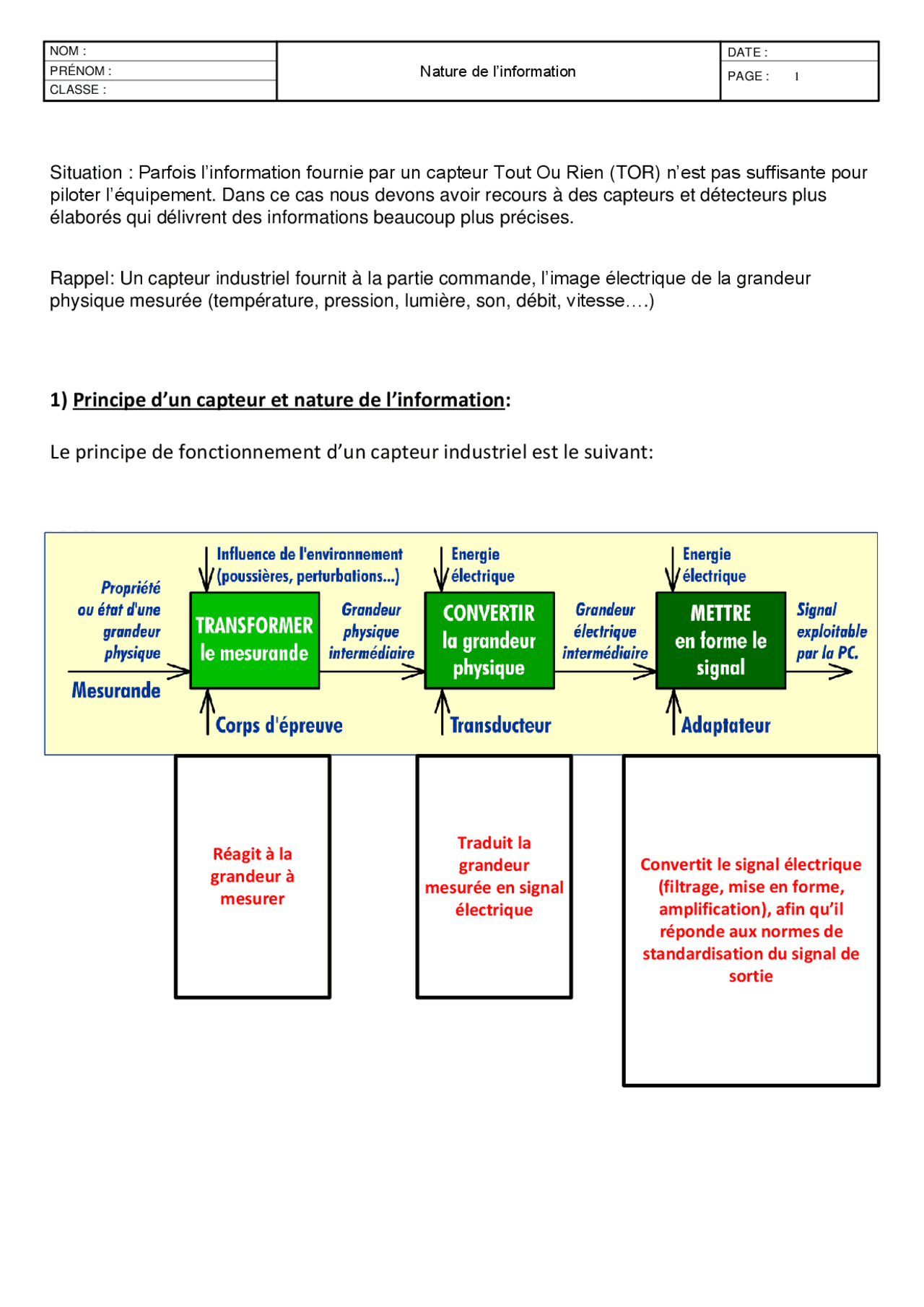 1) Principe d'un capteur et nature de l'information | Notes Logique ...