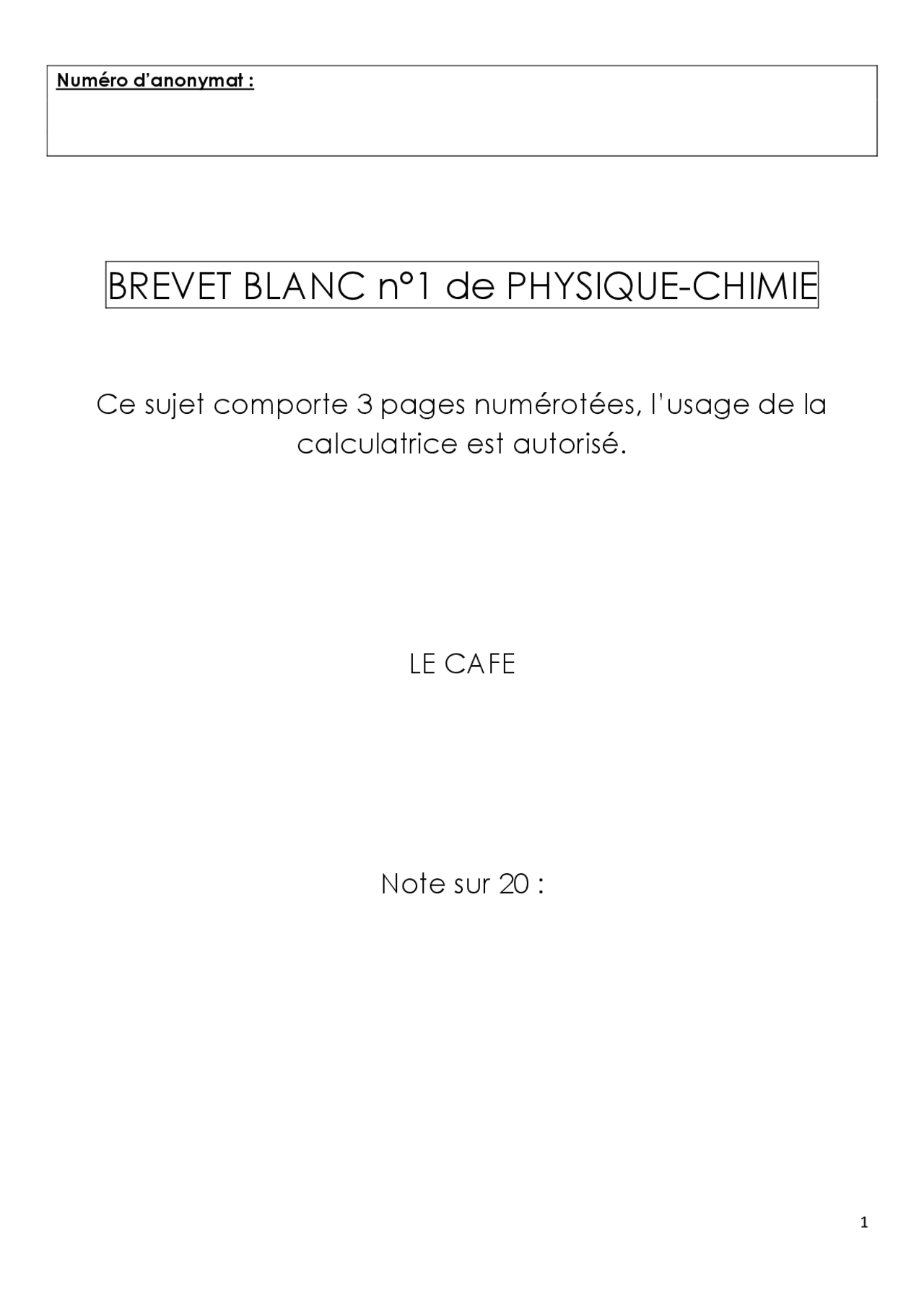 BREVET BLANC n°1 de PHYSIQUE-CHIMIE | Slides Chemistry | Docsity