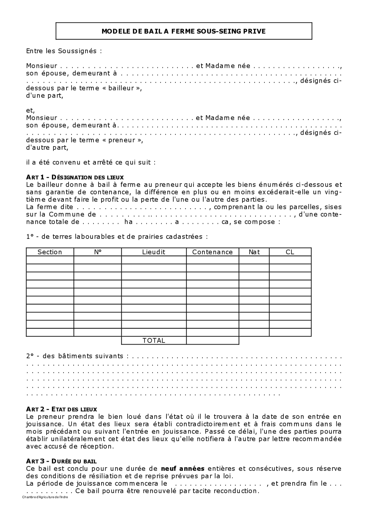 Modele de bail a ferme sous-seing prive - Docsity