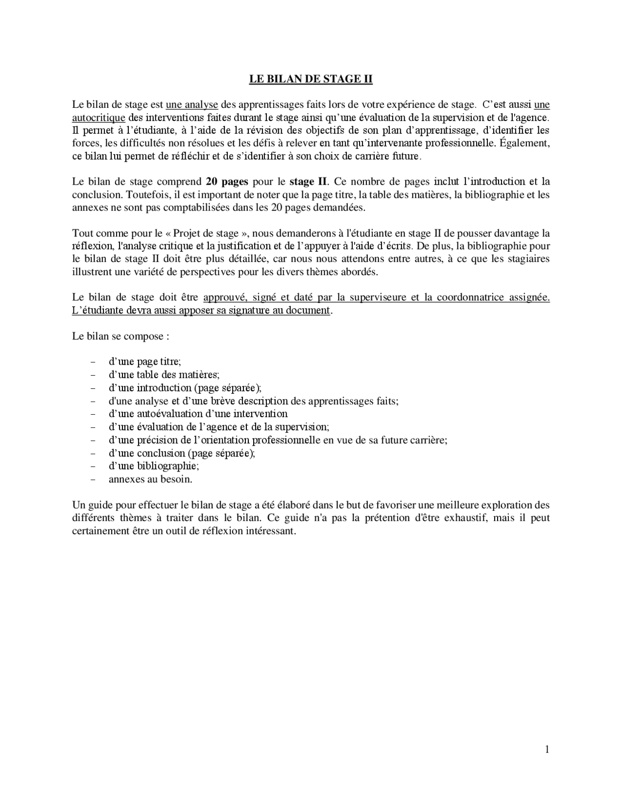 Le bilan de stage ii | Slides Orientation professionnelle | Docsity