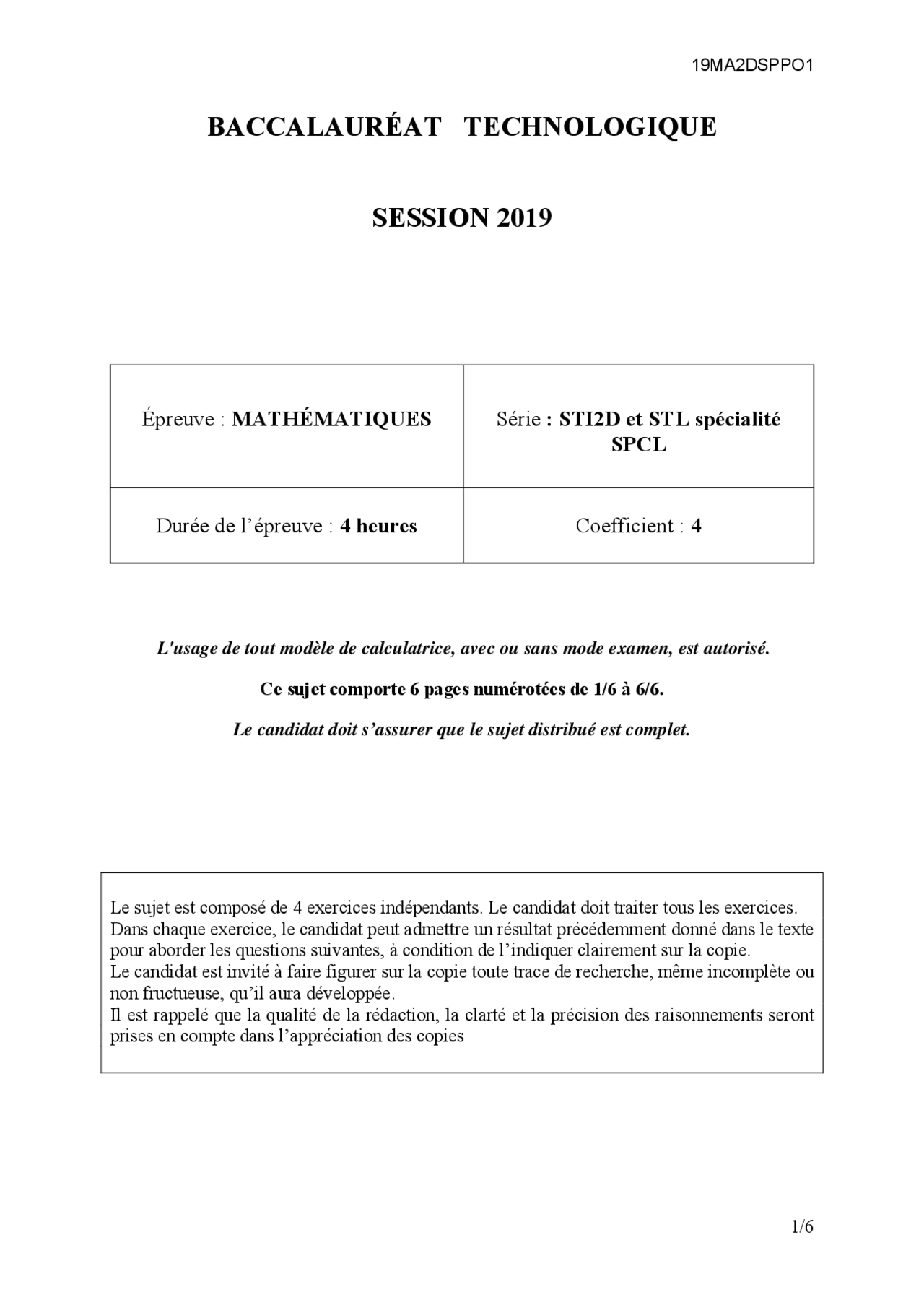 Sujet du bac STI2D Mathématiques 2019 - Docsity