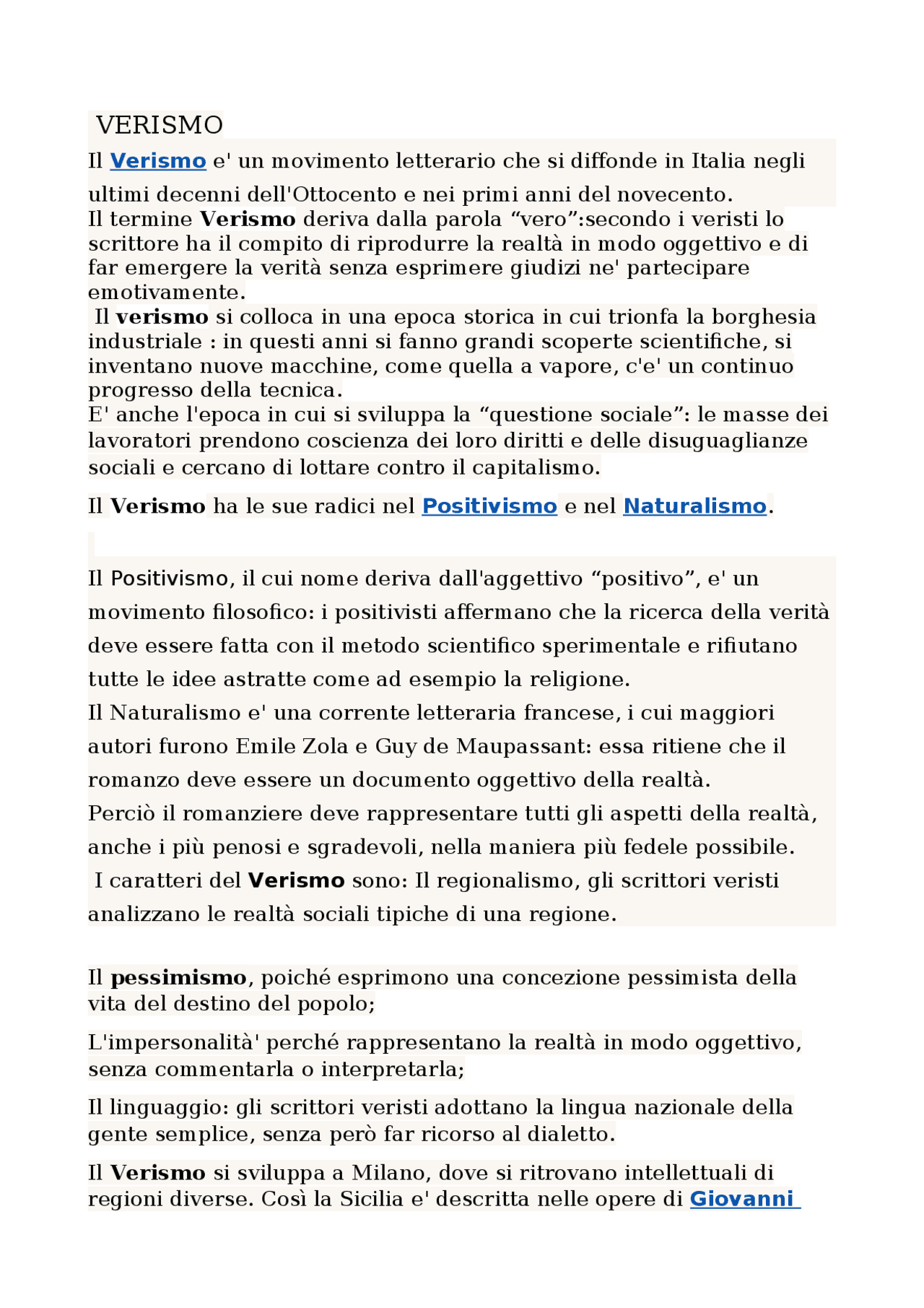 Riassunto Verismo, Giovanni Verga | Schemi e mappe concettuali di Italiano | Docsity