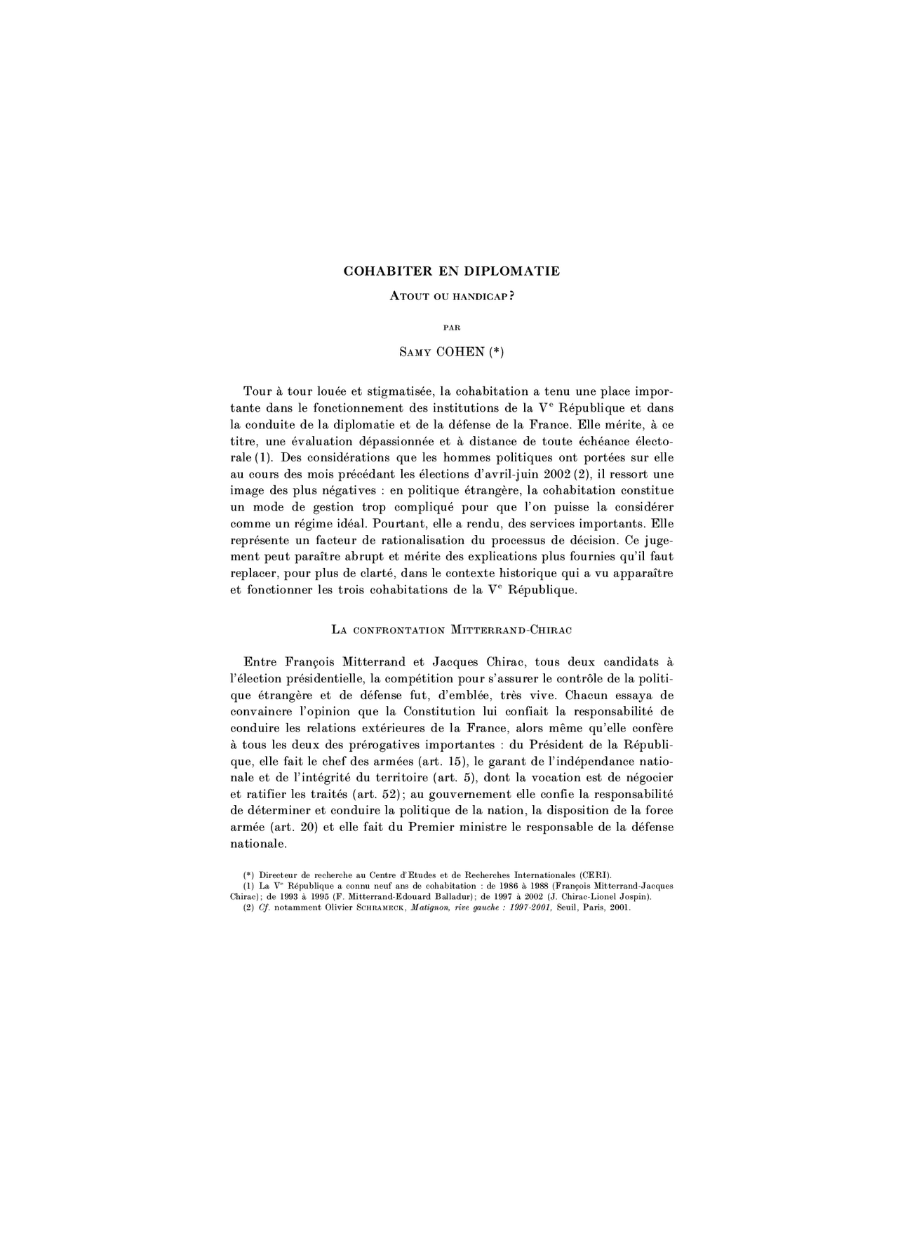 COHABITER EN DIPLOMATIE Samy COHEN (*) Tour à tour ... | Lecture notes ...