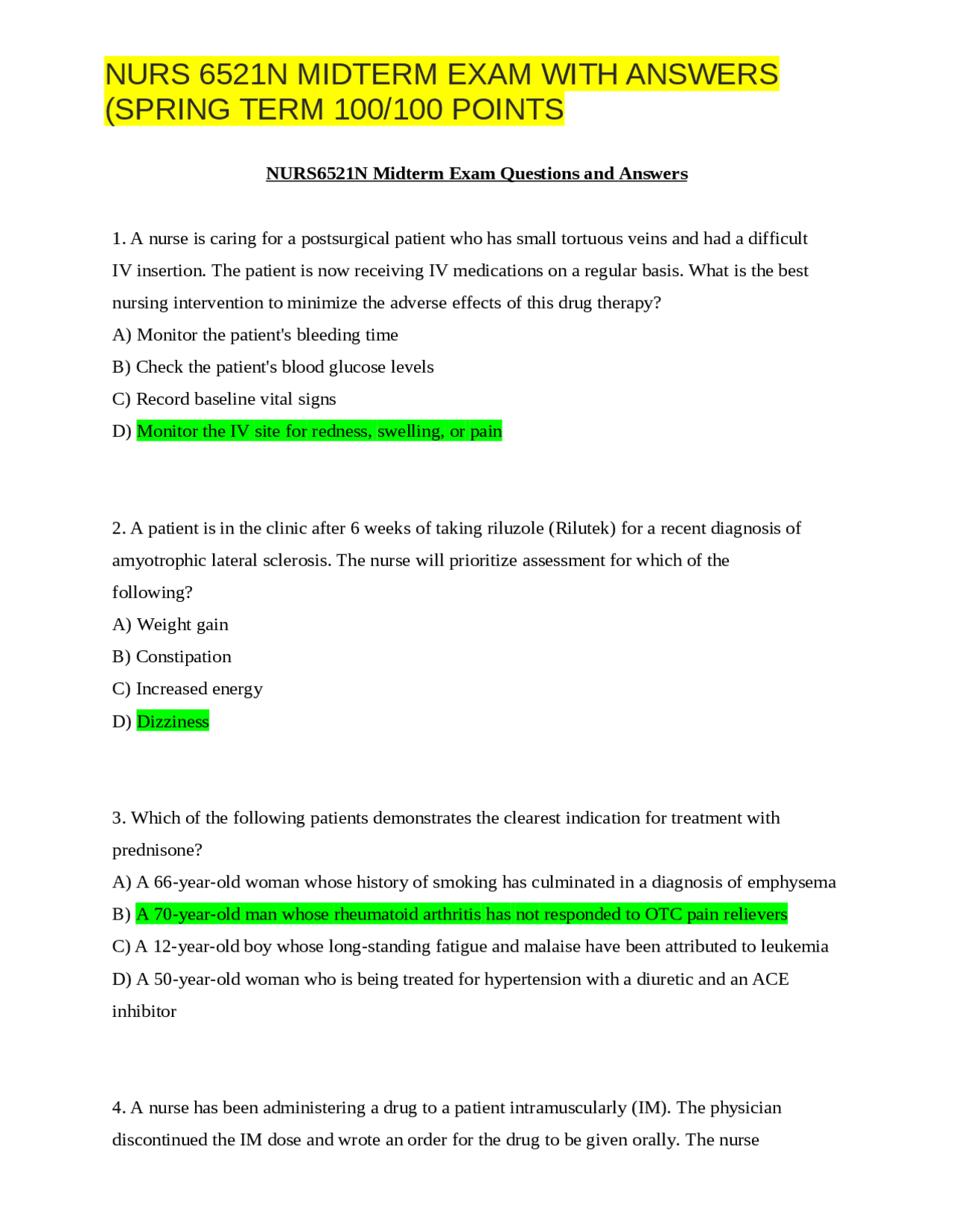 Nurs 6521n Midterm Exam With Answers Spring Term 100100 Points