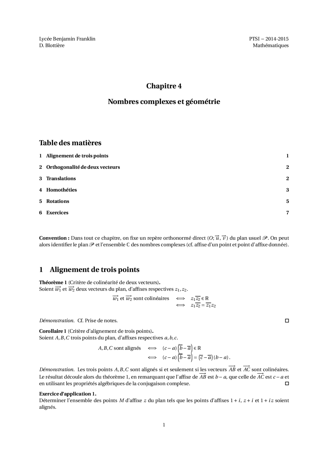 Chapitre 4 Nombres Complexes Et Géométrie Table Des Matières Docsity
