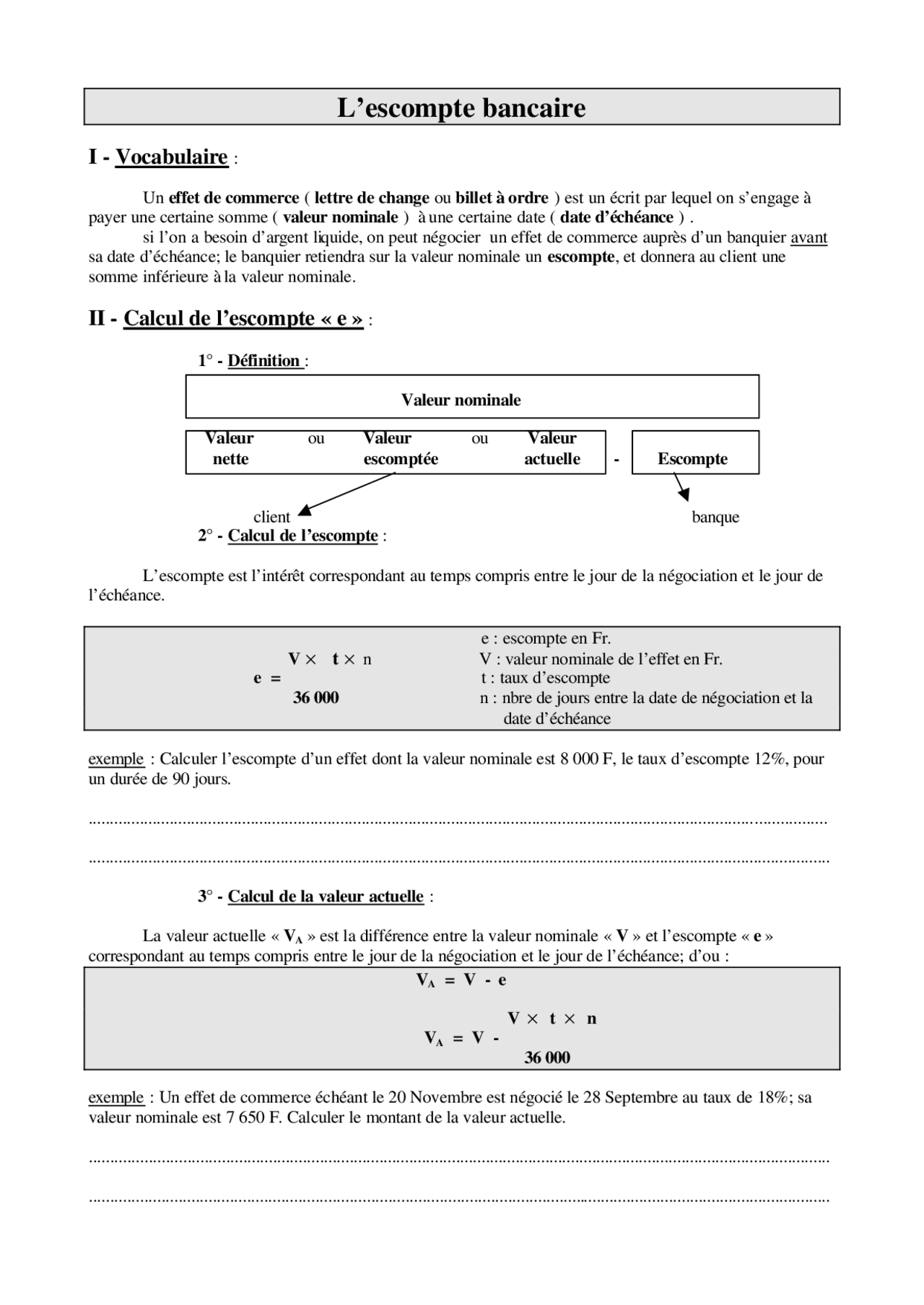 L'escompte bancaire | Lectures Calcul | Docsity