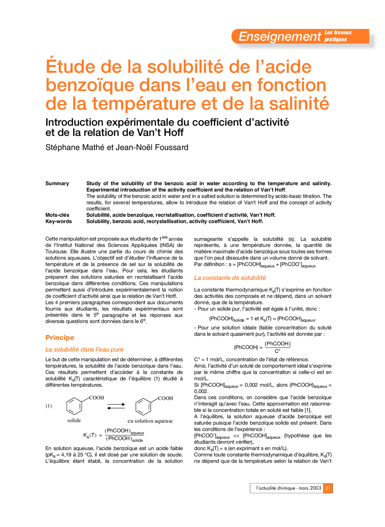 Étude de la solubilité de l'acide benzoïque dans l'eau en ... | Notes ...