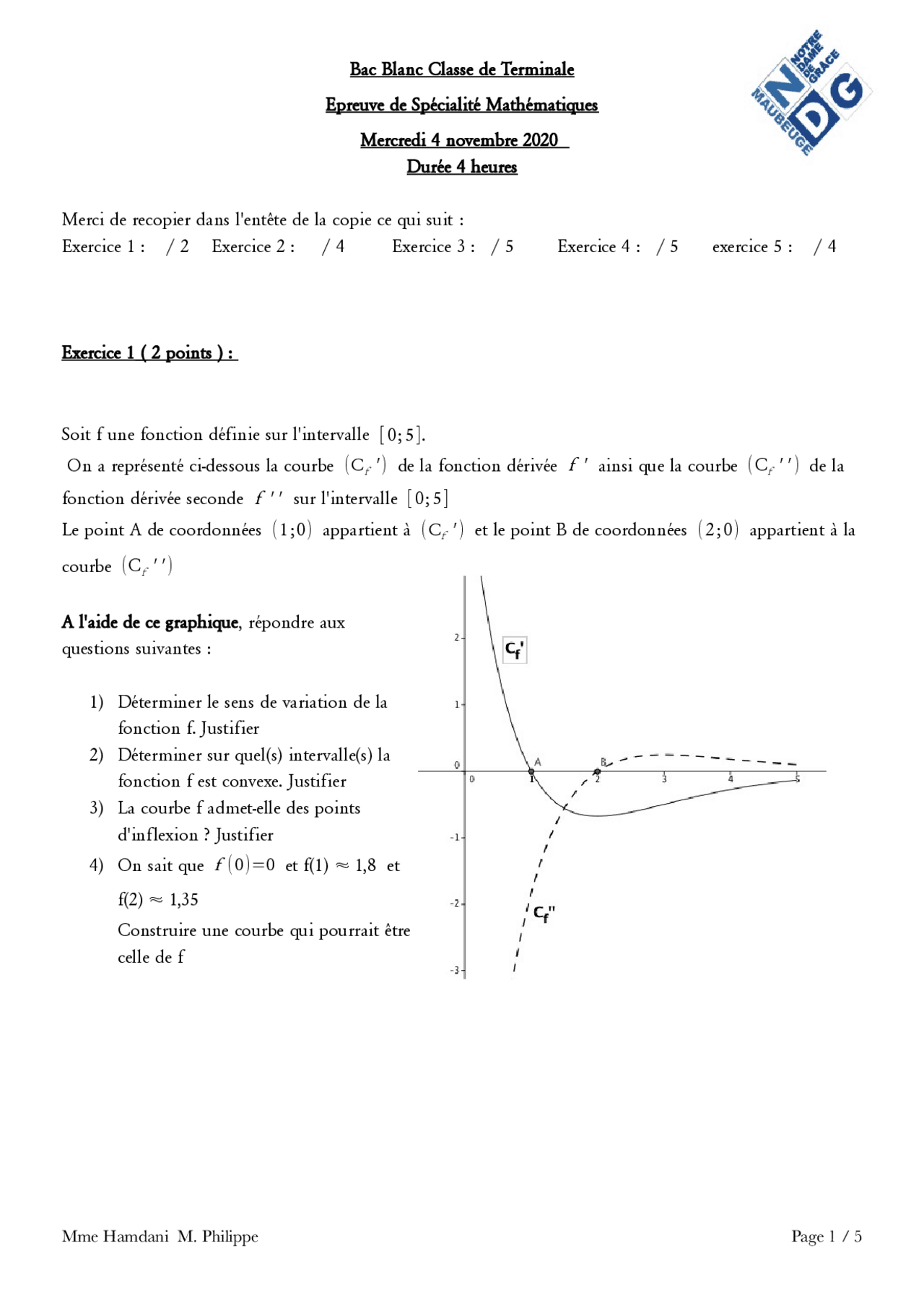 Bac Blanc Classe De Terminale Lectures Mathématiques Docsity
