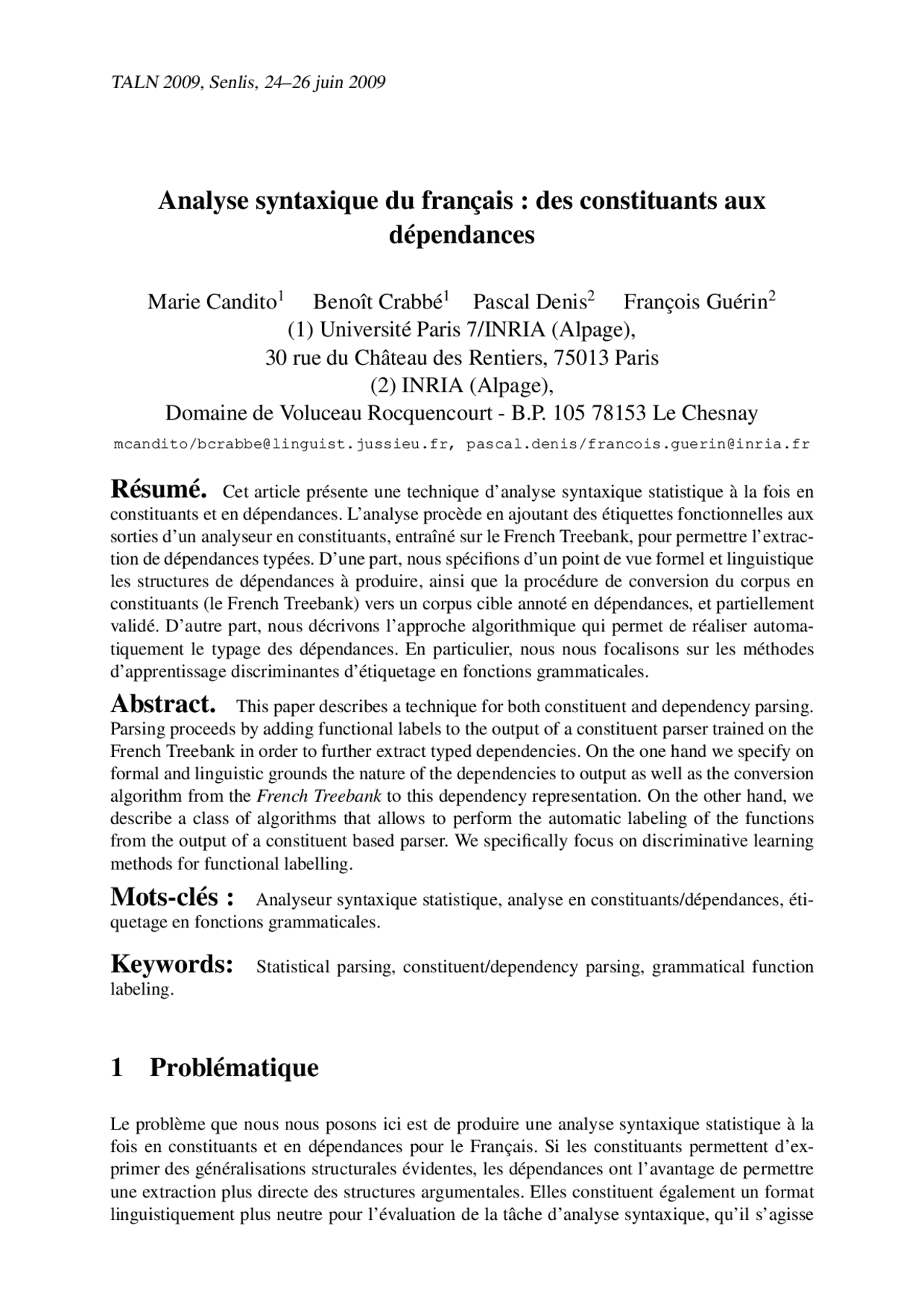 Analyse syntaxique du français : des constituants aux ... | Résumés ...