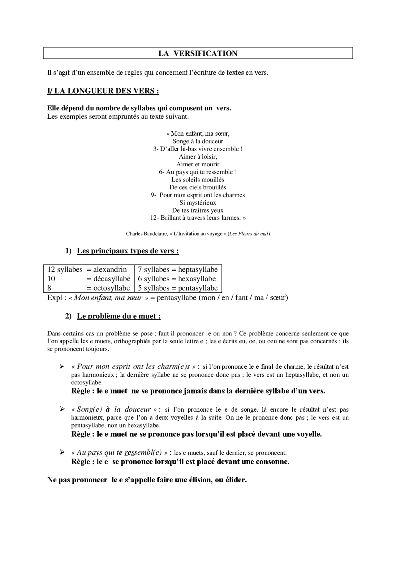 1) Les principaux types de vers : 12 syllabes = alexandrin 10 ...