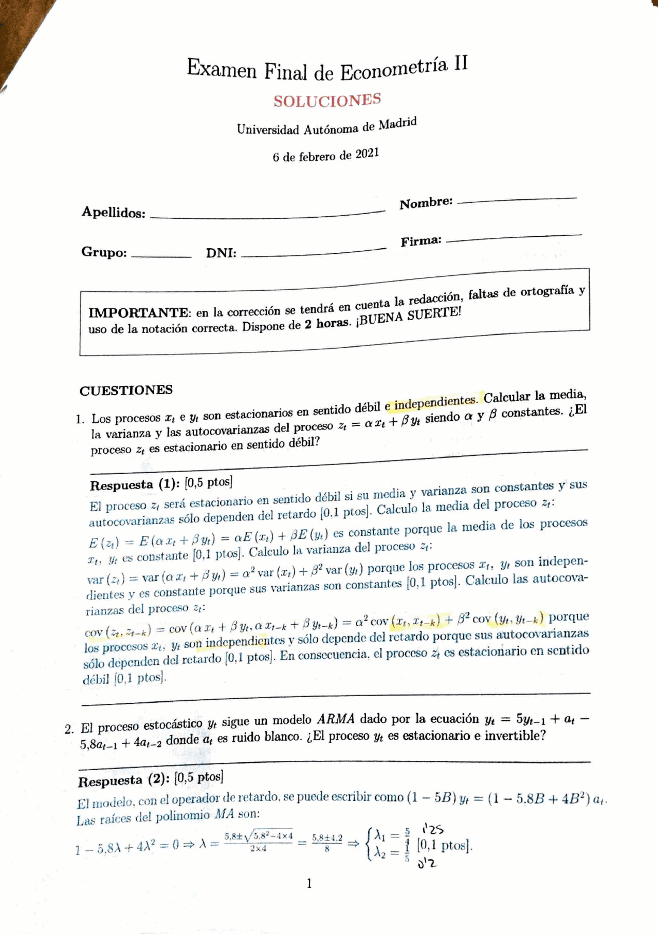 EXAMEN DE ECONOMETRIA II, RESUELTO | Exámenes de Econometría | Docsity