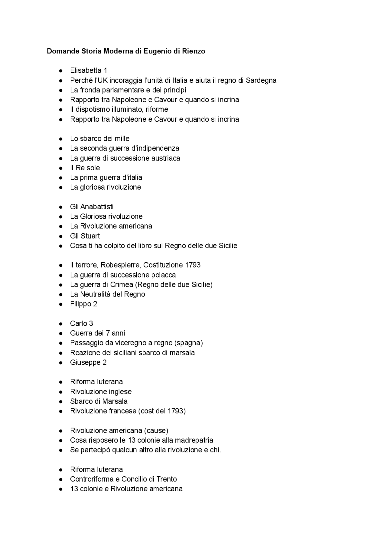 Domande Esame Di Storia Moderna Docsity