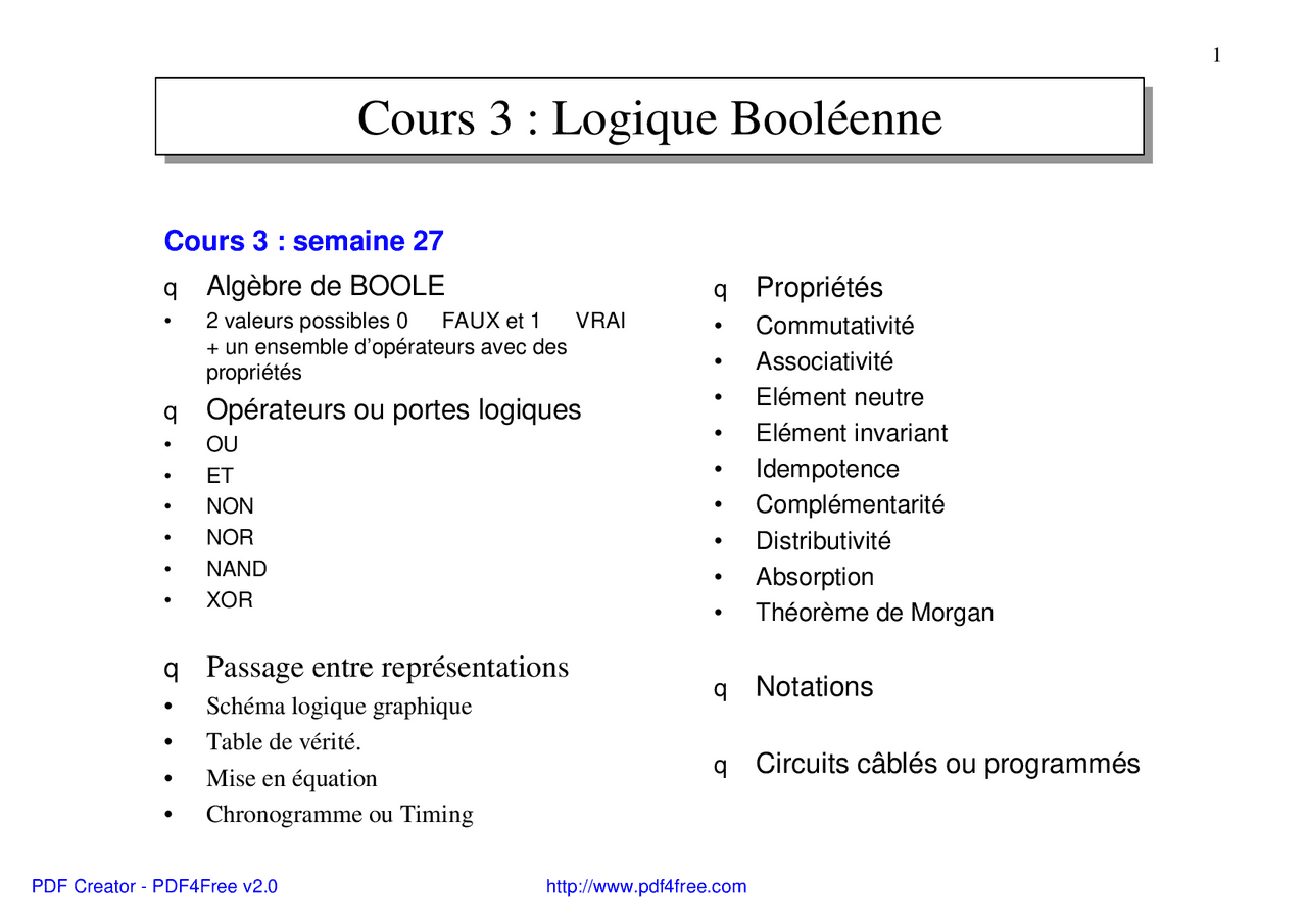 Cours 3 : Logique Booléenne | Slides Algèbre | Docsity